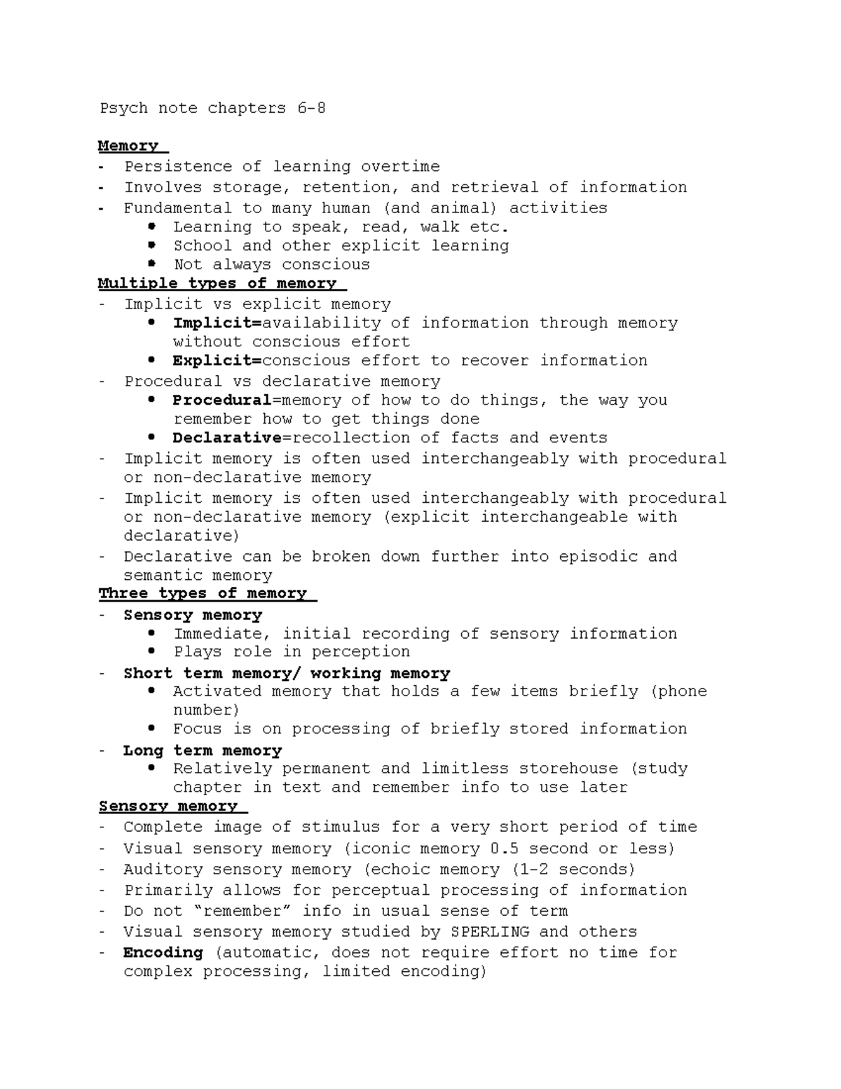 Intro Psych note chapters 6 - Psych note chapters 6- Memory ...