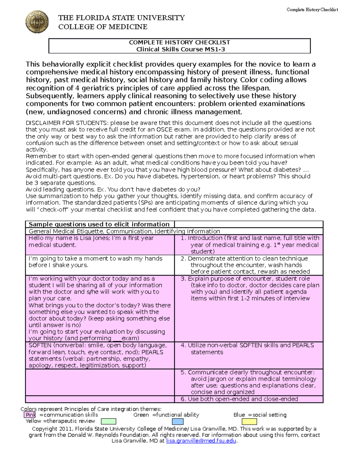 Complete History Checklist - THE FLORIDA STATE UNIVERSITY COLLEGE OF ...