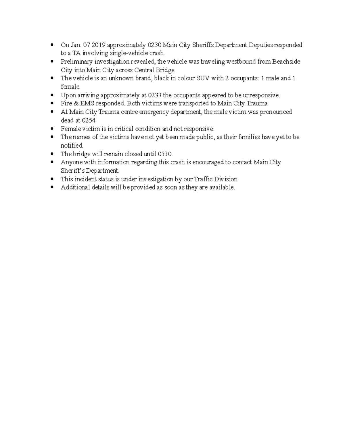 CJ 205 Module 7 Press Release - On Jan. 07 2019 approximately 0230 Main ...