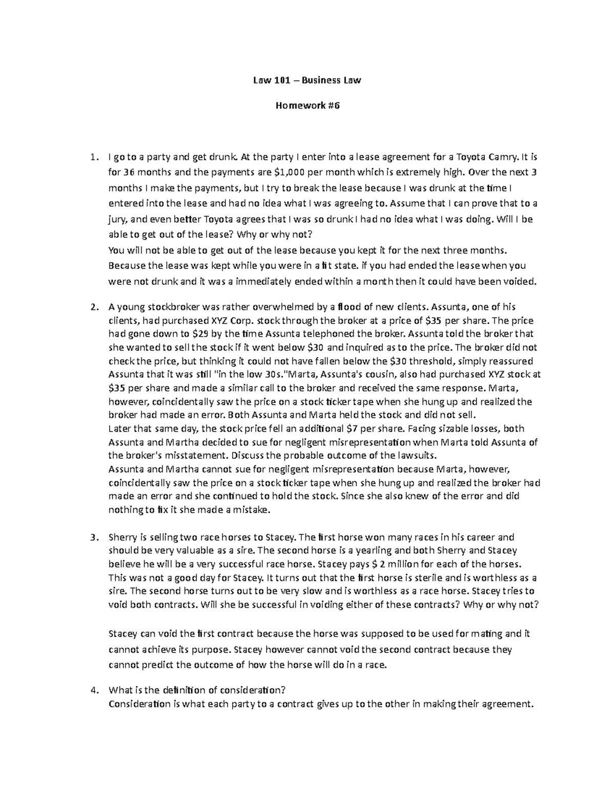 Law 101- homework #6- spring 2018 (1) - Law 101 – Business Law Homework ...