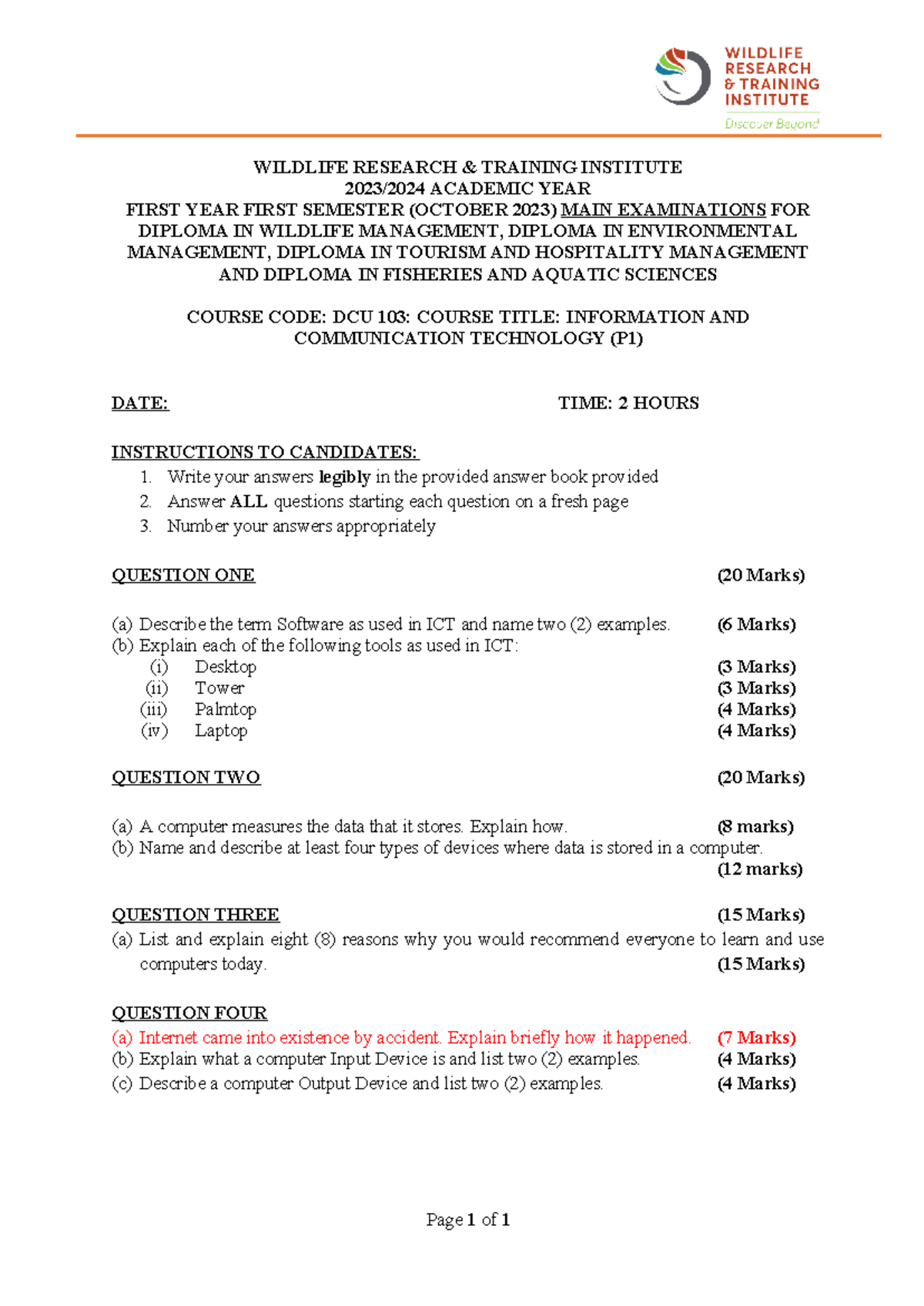 DCU 103 - P1 October 2023 Intake Main - WILDLIFE RESEARCH & TRAINING ...