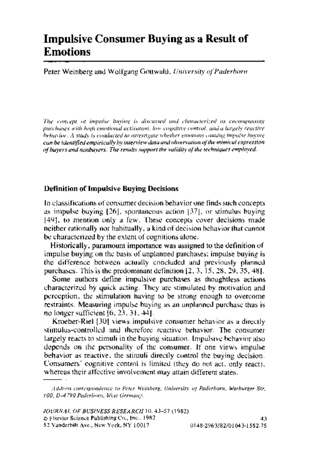 Weinberg, P., & Gottwald, W. (1982). Impulsive consumer buying as a ...