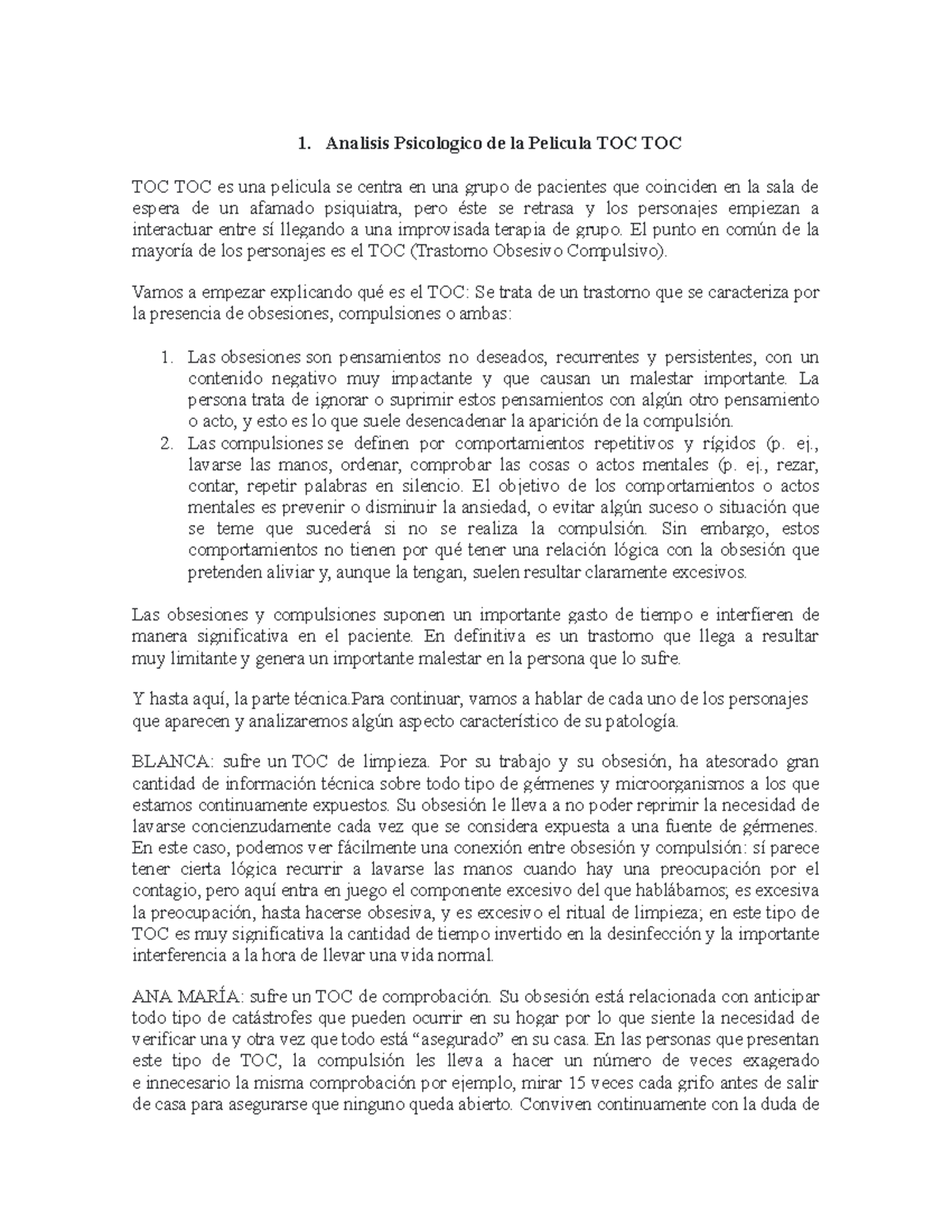 Analisis Psicologico de la Pelicula TOC TOC - El punto en común de la ...