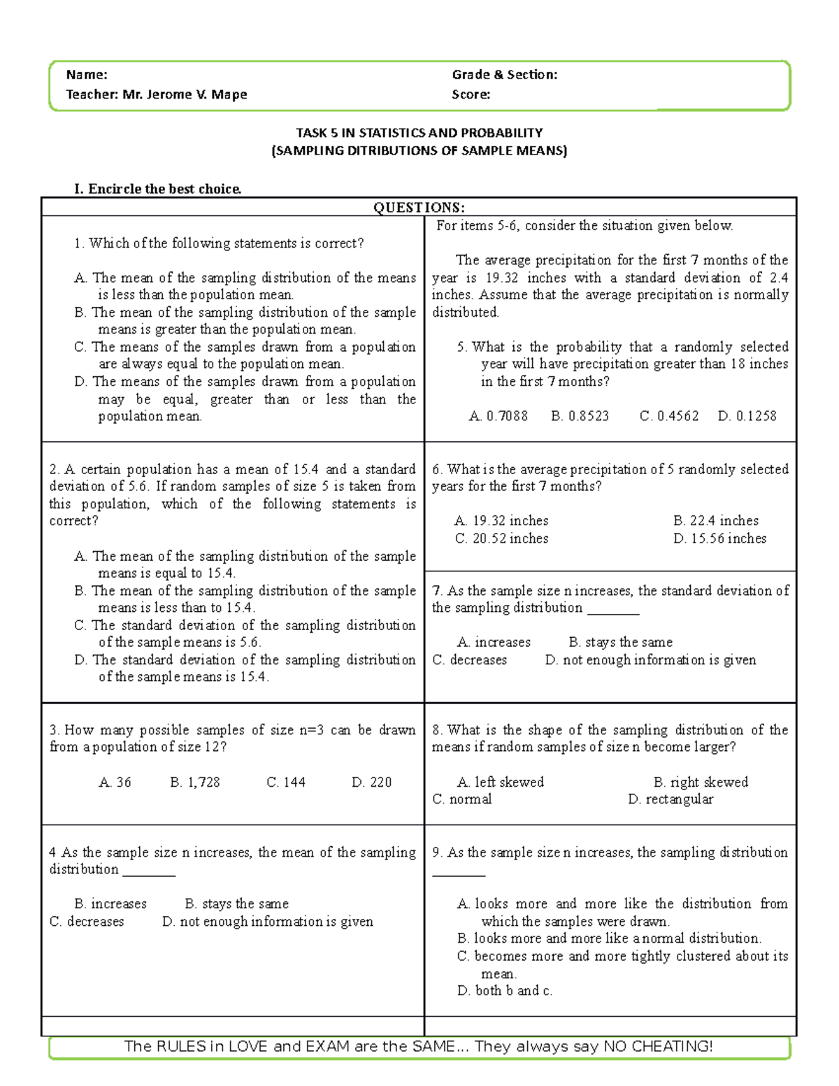 TASK 5 STAT. AND PROB - TASK 5 IN STATISTICS AND PROBABILITY (SAMPLING ...