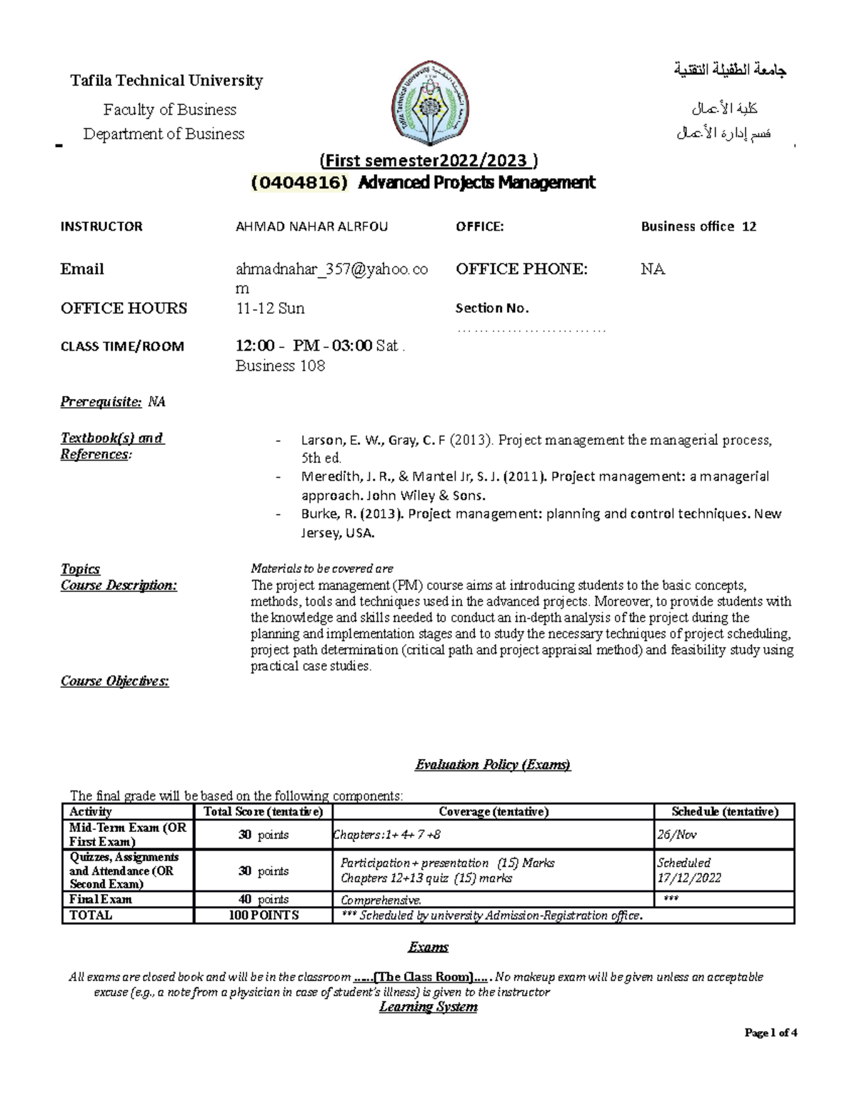 Syllabus 2023 projects management - Tafila Technical University جامعة ...