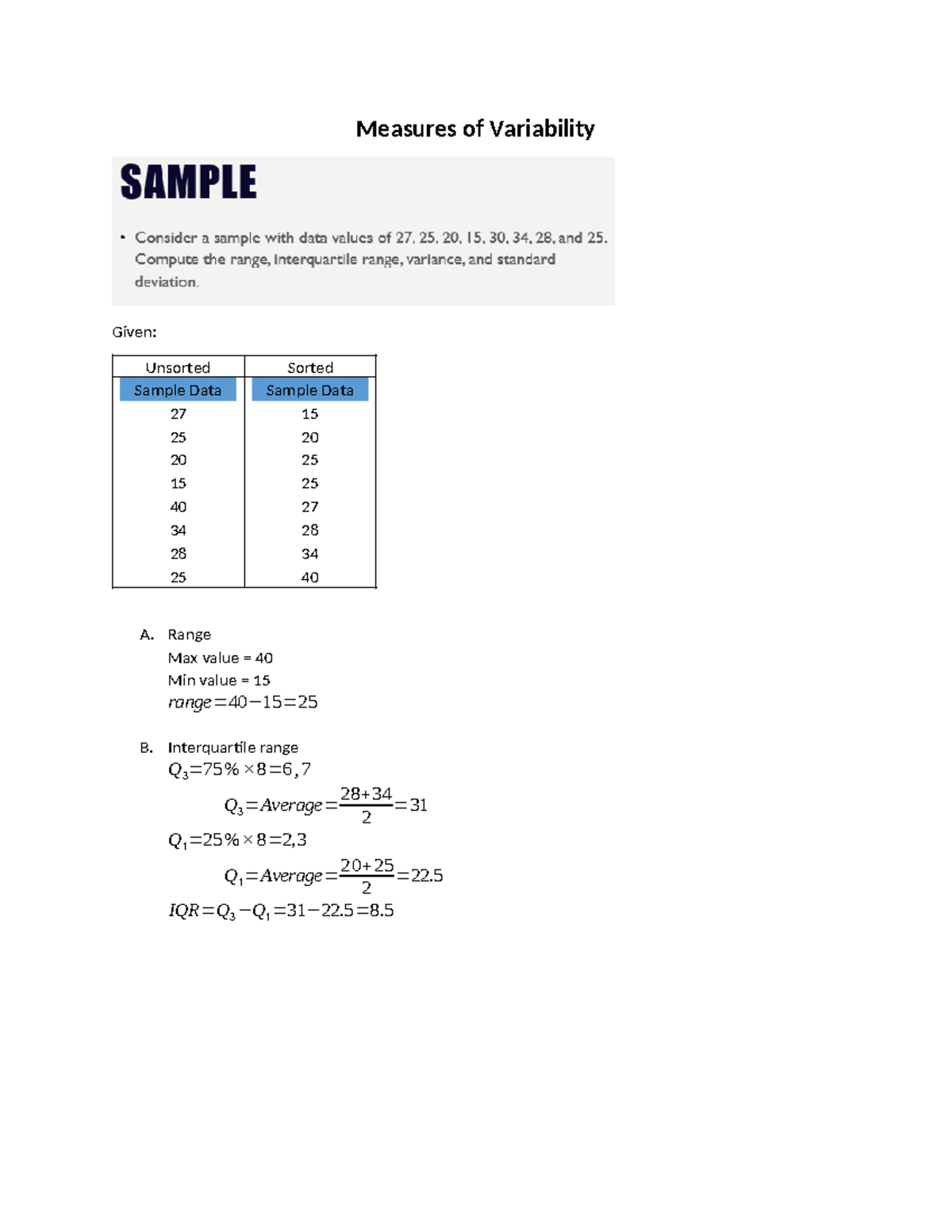 Solving for Measures of Variability - Measures of Variability Given ...