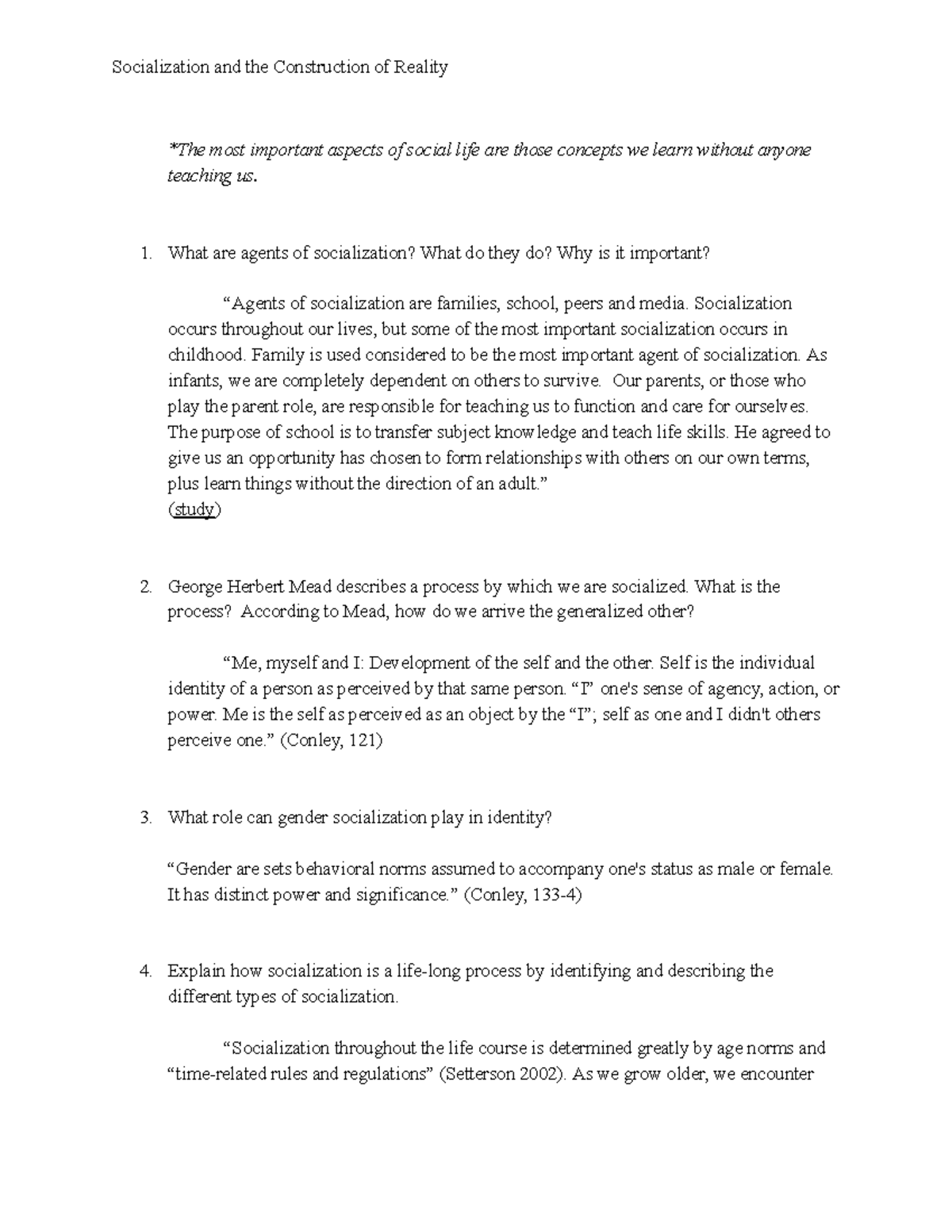 SOC Ch. 4 Prep Guide - Socialization and the Construction of Reality ...