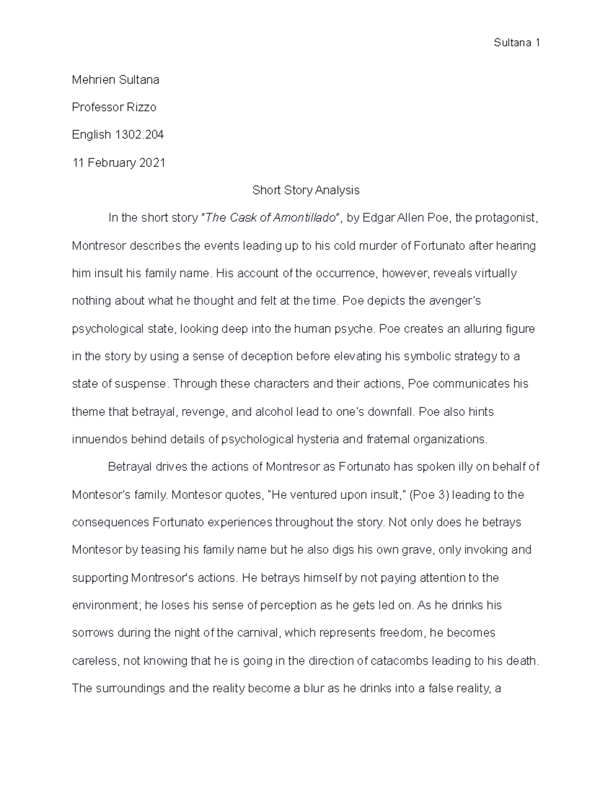 Short Story Analysis - Mehrien Sultana Professor Rizzo English 1302. 11 ...