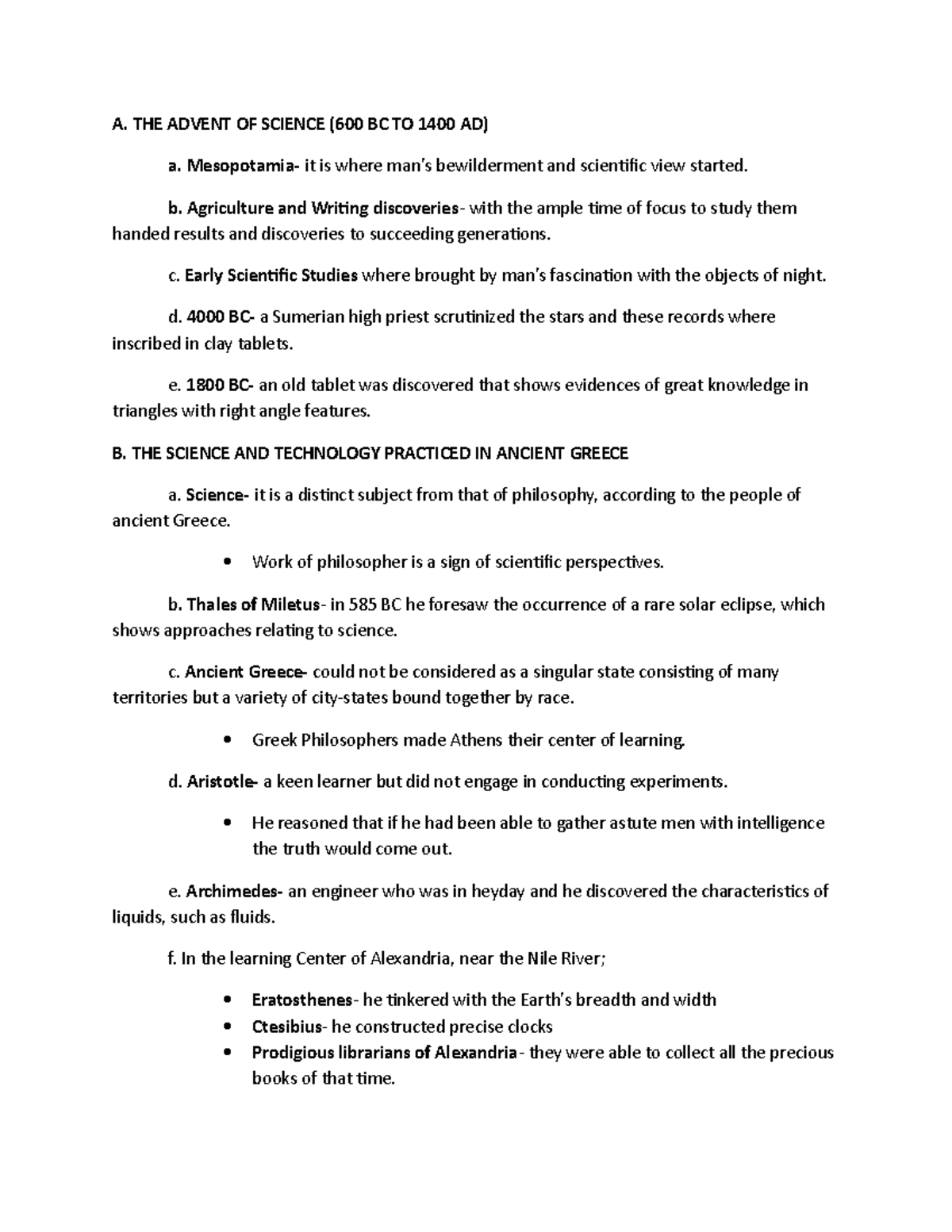 Historical Anticedents STS - A. THE ADVENT OF SCIENCE (600 BC TO 1400 ...