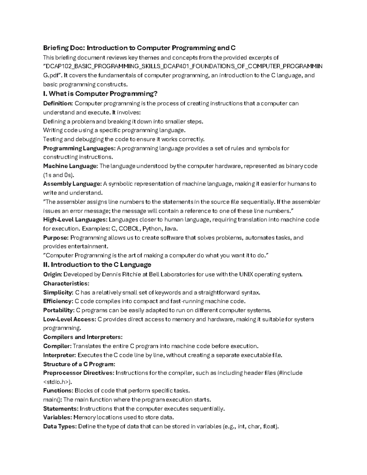 Document - Briefing Doc: Introduction to Computer Programming and C ...