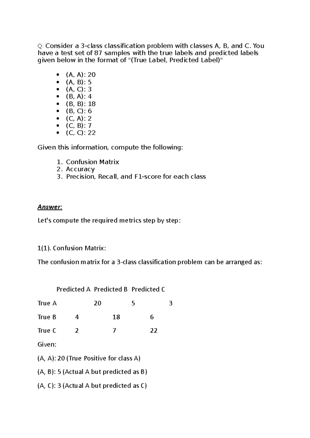 Question 1 ML - Q: Consider a 3-class classification problem with ...