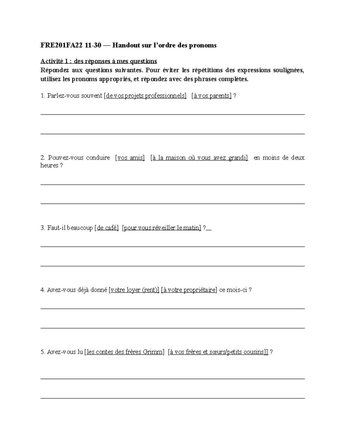 FRE201FA22 11-30 Handout - Pour éviter les répétitions des expressions ...