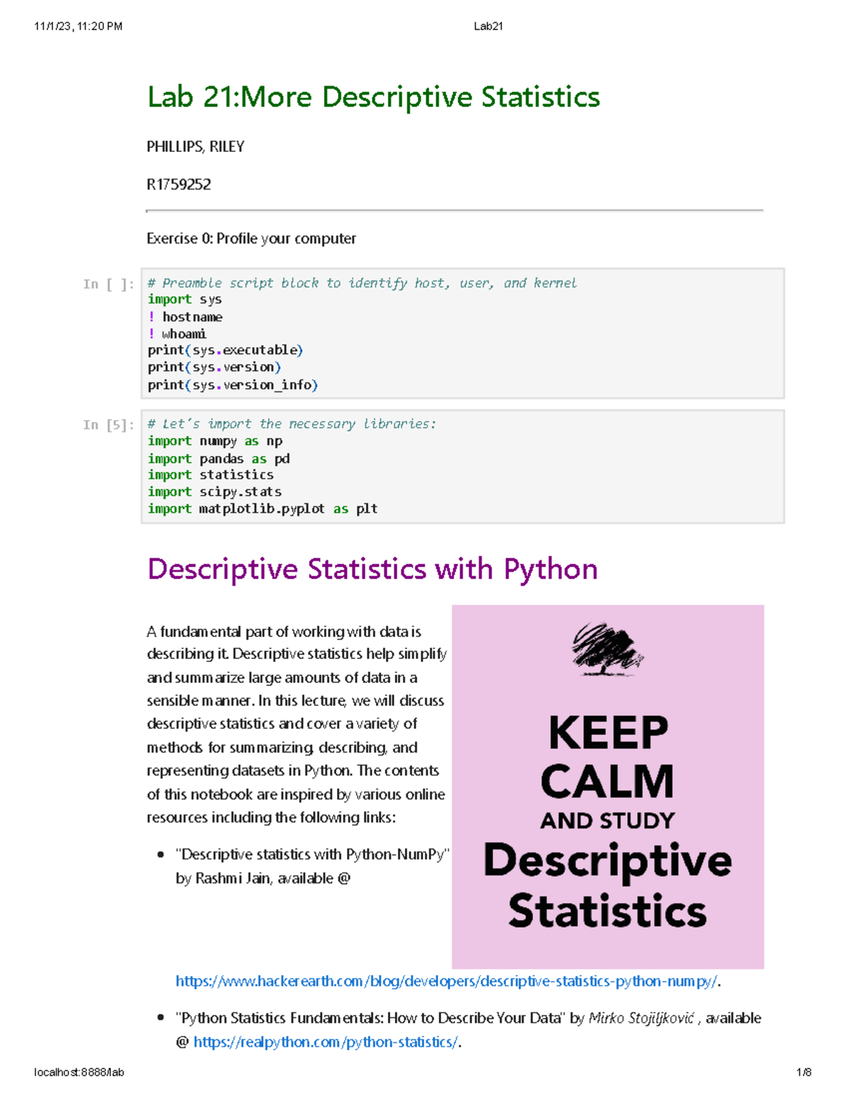 Lab 21 Jupyter Lab Lab 21 Lab 21 More Descriptive Statistics Phillips Riley R Exercise