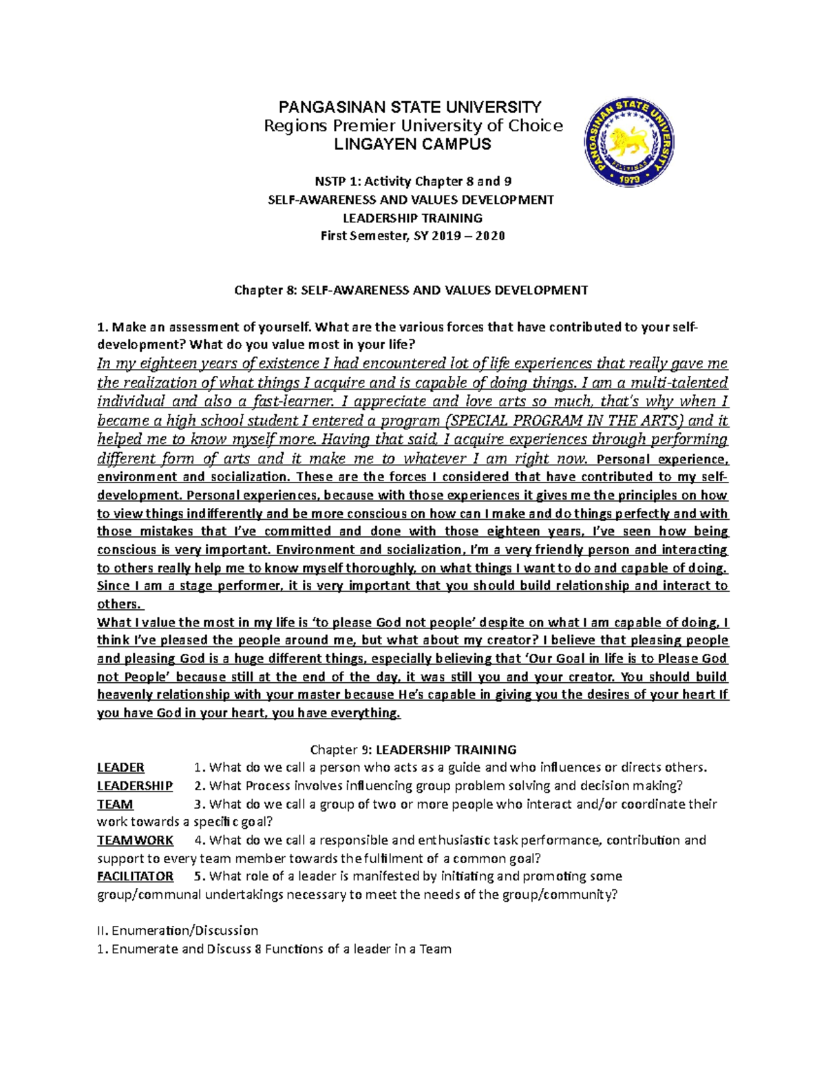 NSTP Activity Chapter 8 and 9 - National Service Training Program 1 ...