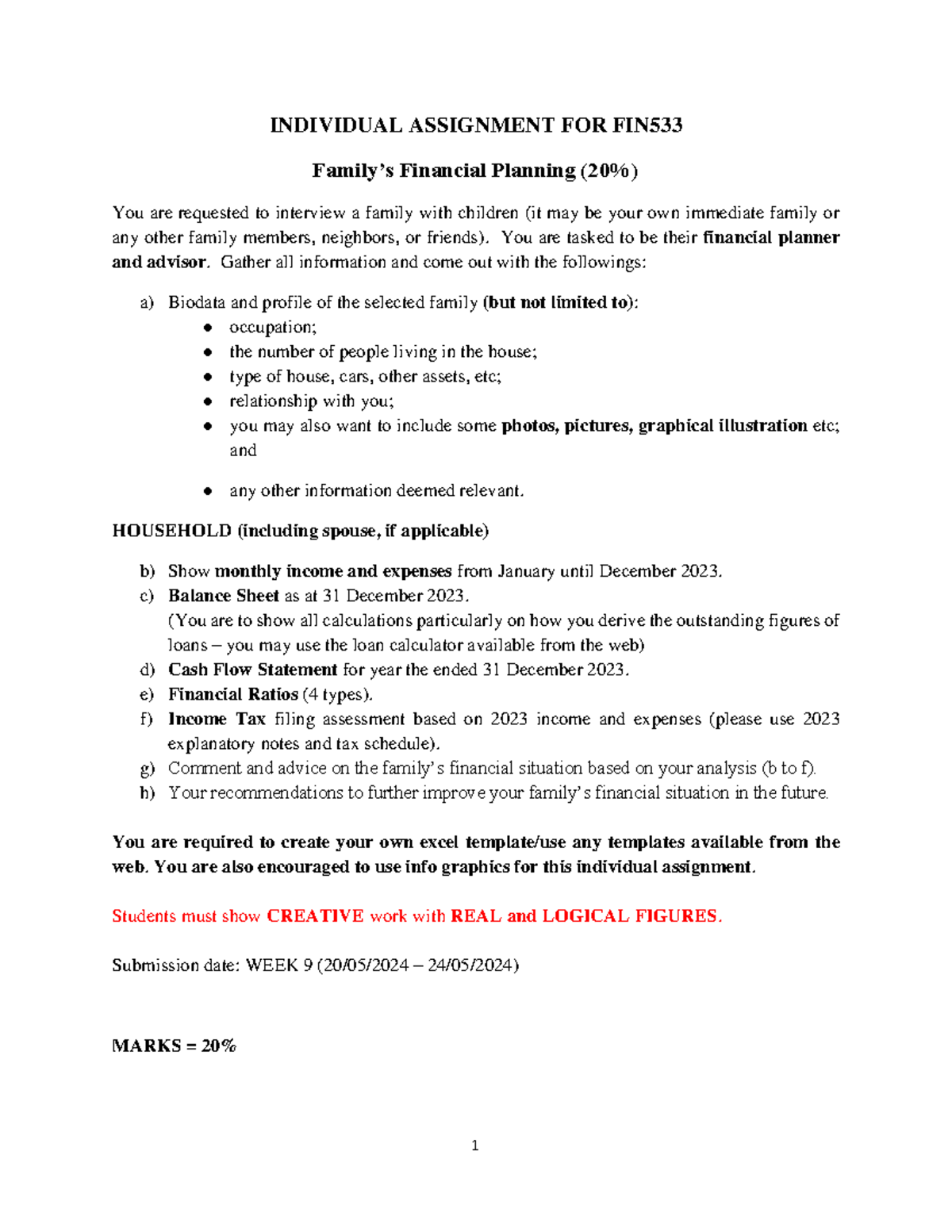 FIN533 Individual Assignment Guidelines 20242 - 1 INDIVIDUAL ASSIGNMENT FOR FIN Family’s ...