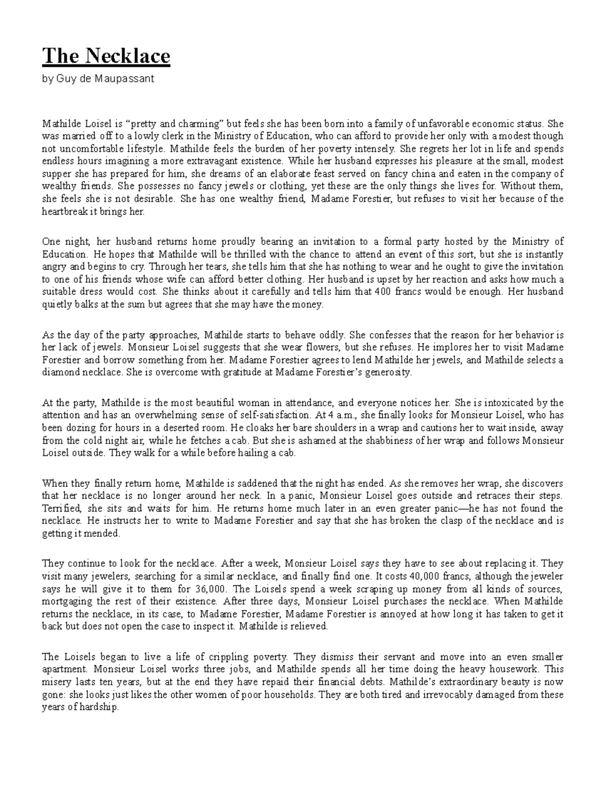 The Necklace Short Story - The Necklace by Guy de Maupassant Mathilde ...