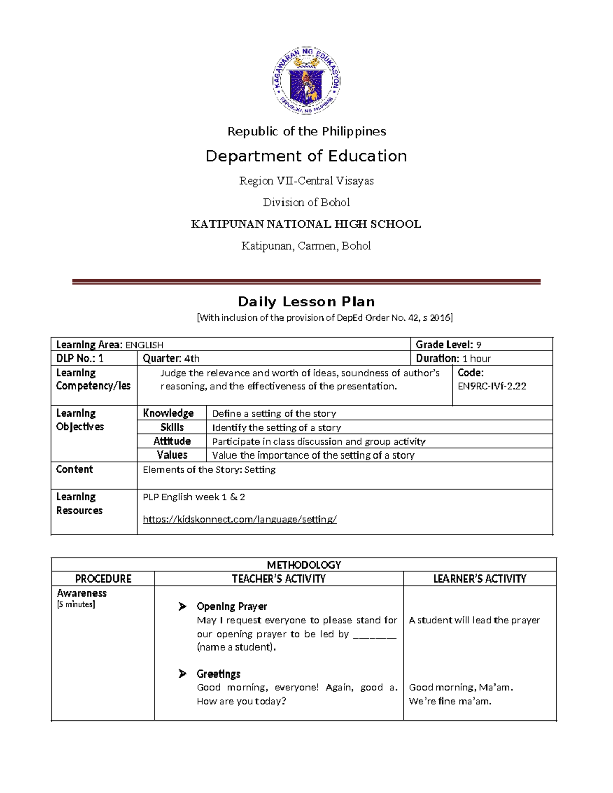 DLP English 9 DAY 1 - Republic of the Philippines Department of ...