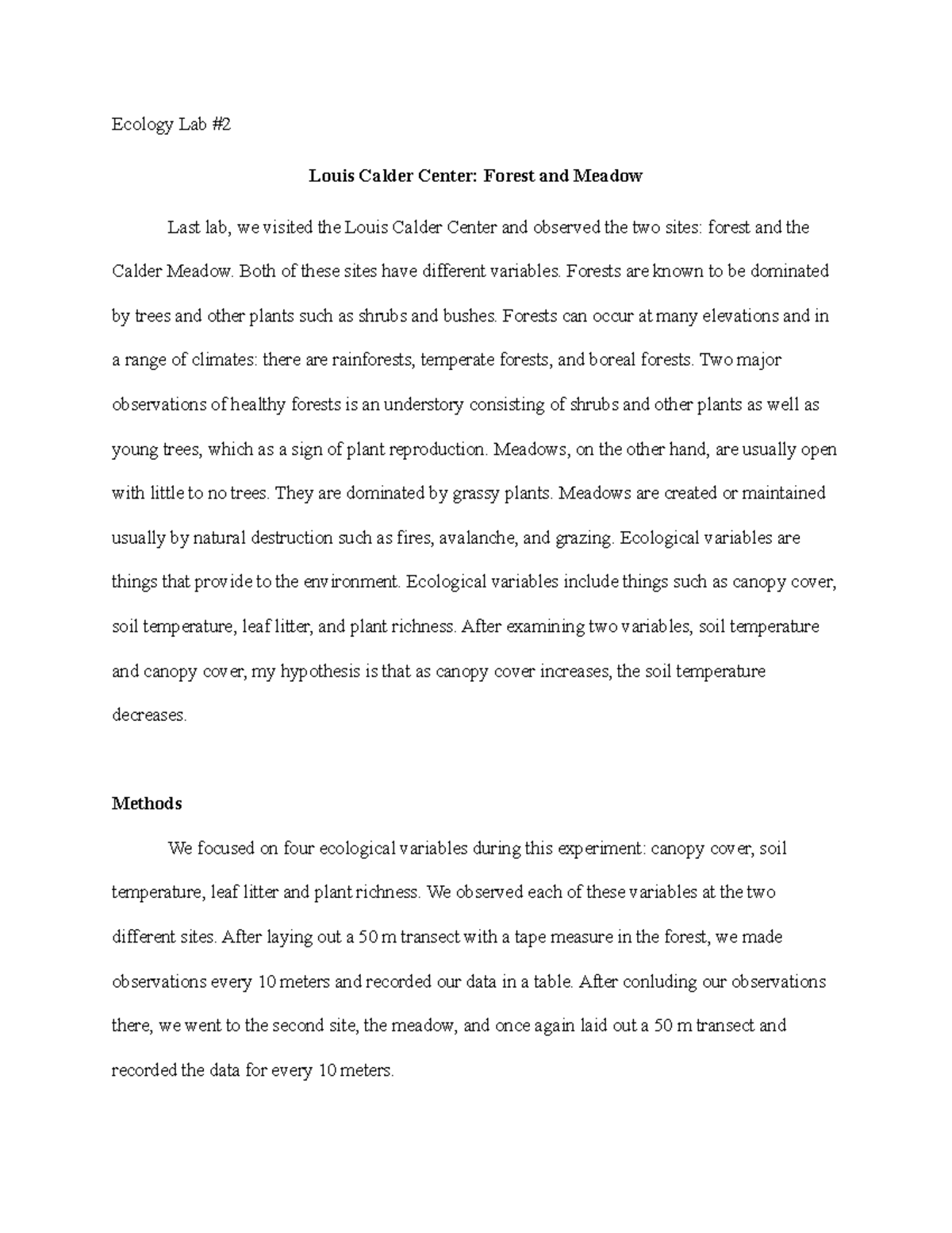 Ecology LAb #2 - Lab assingment - Ecology Lab # Louis Calder Center ...