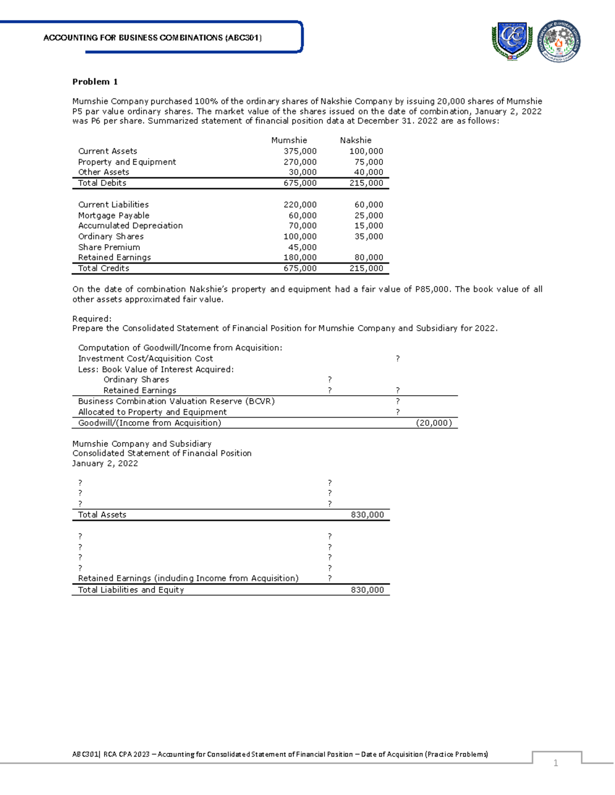 4 - practice set - ABC301| RCA CPA 2023 – Accounting for Consolidated ...