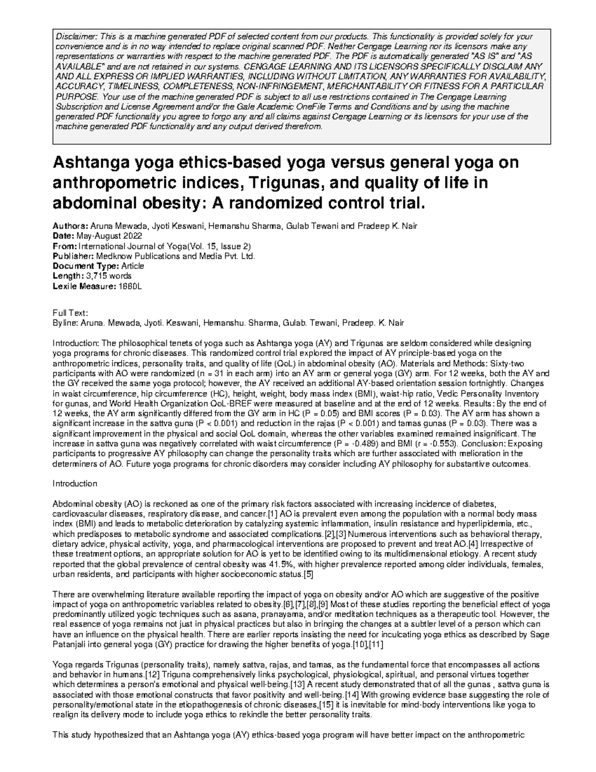 Ashtanga yoga ethics-based yoga versus general yoga on anthropometric ...