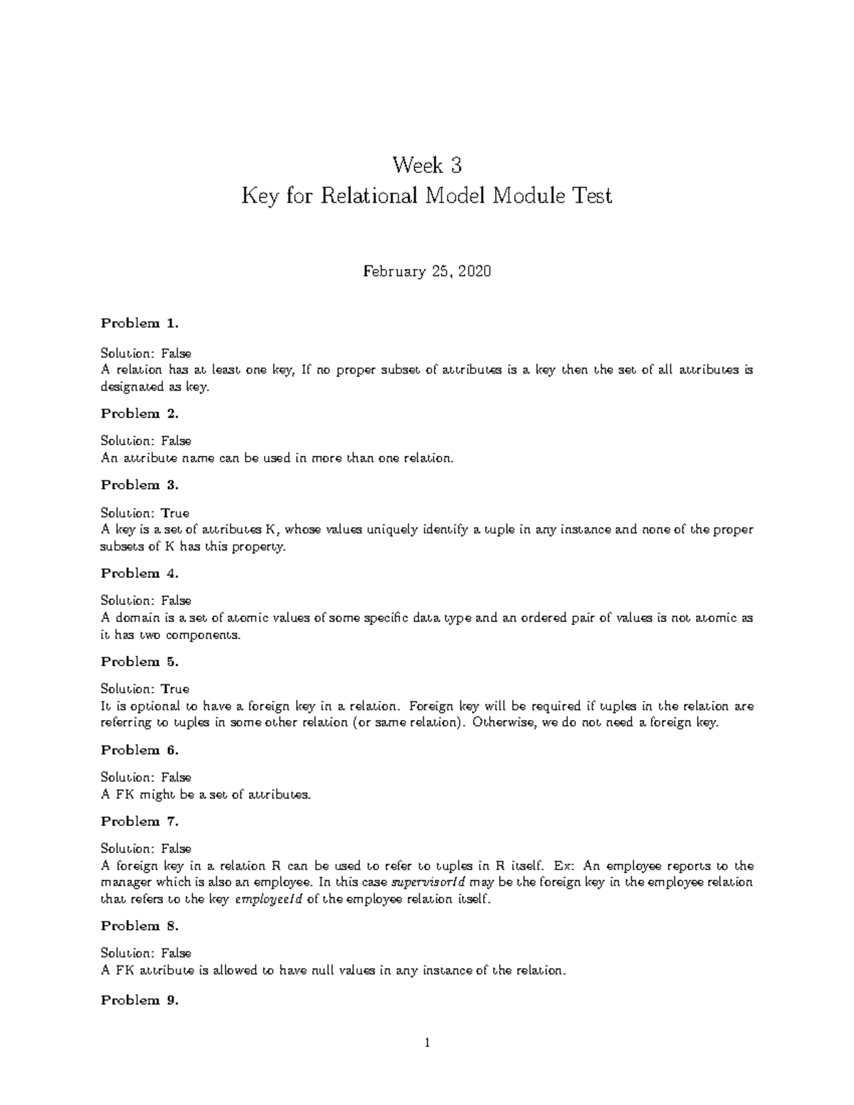 Week3 Relational Model Answer Sheet - Week 3 Key for Relational Model ...