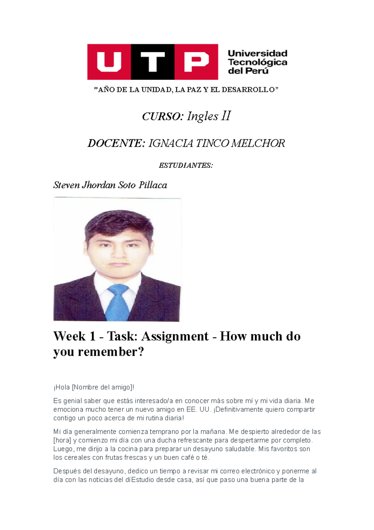 TASK 1 - eqwe - "AÑO DE LA UNIDAD, LA PAZ Y EL DESARROLLO” CURSO ...