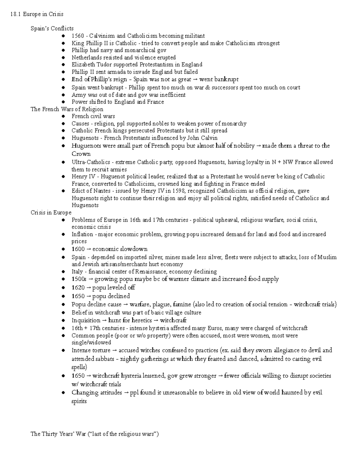 Unit 8 Notes - 18 Europe in Crisis Spain’s Conflicts 1560 - Calvinism ...