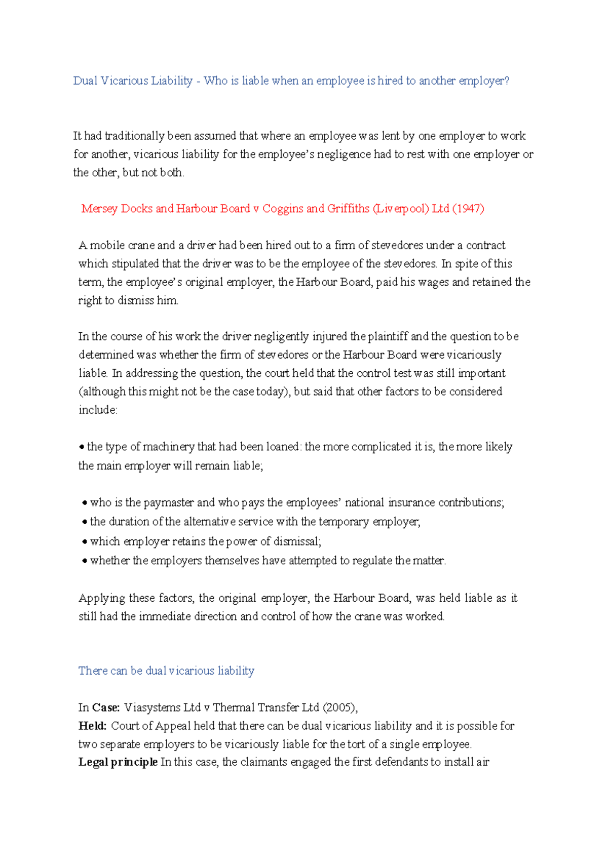 Dual Vicarious Liability - Mersey Docks and Harbour Board v Coggins and ...