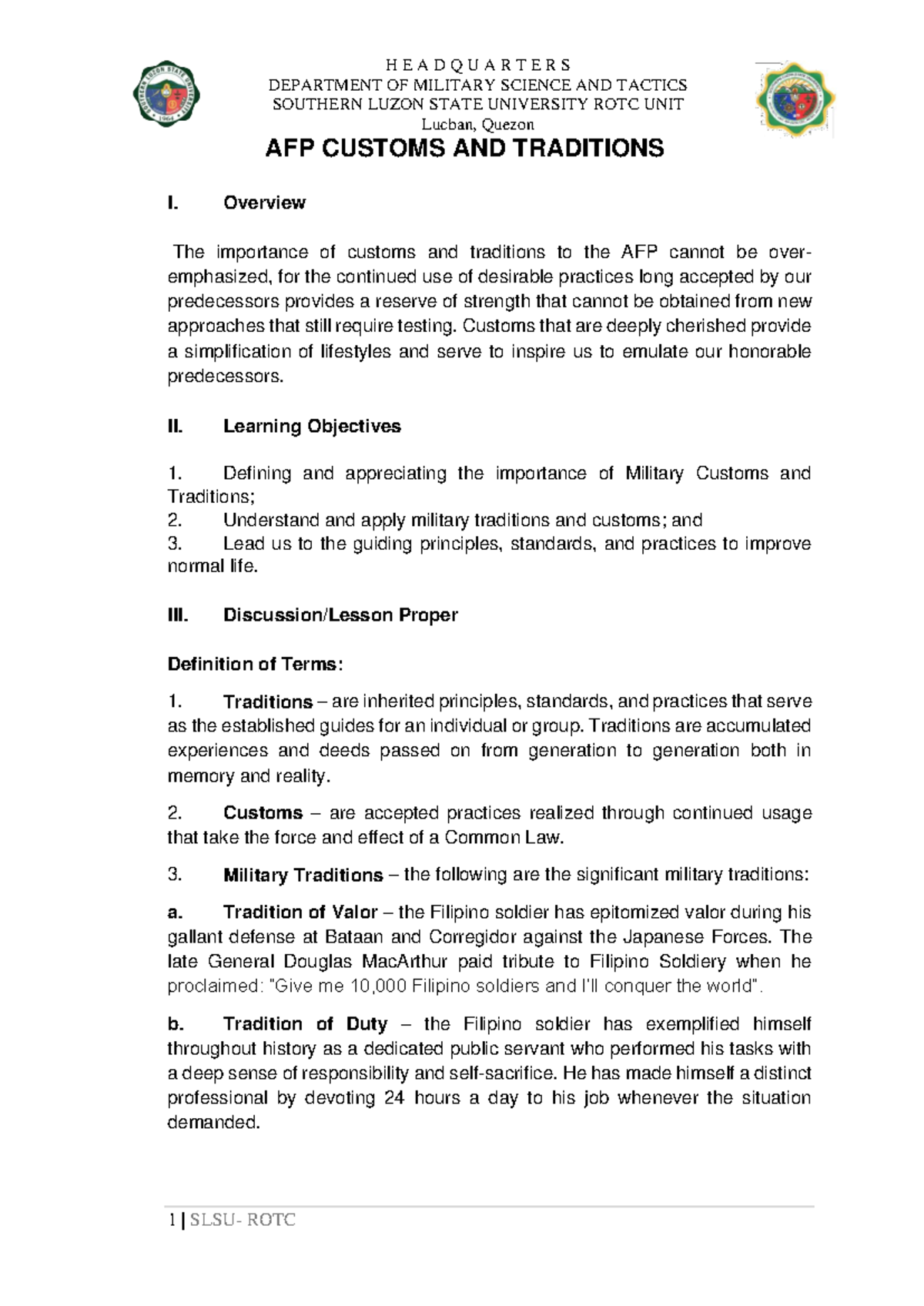 AFP Customs AND Traditions - DEPARTMENT OF MILITARY SCIENCE AND TACTICS ...