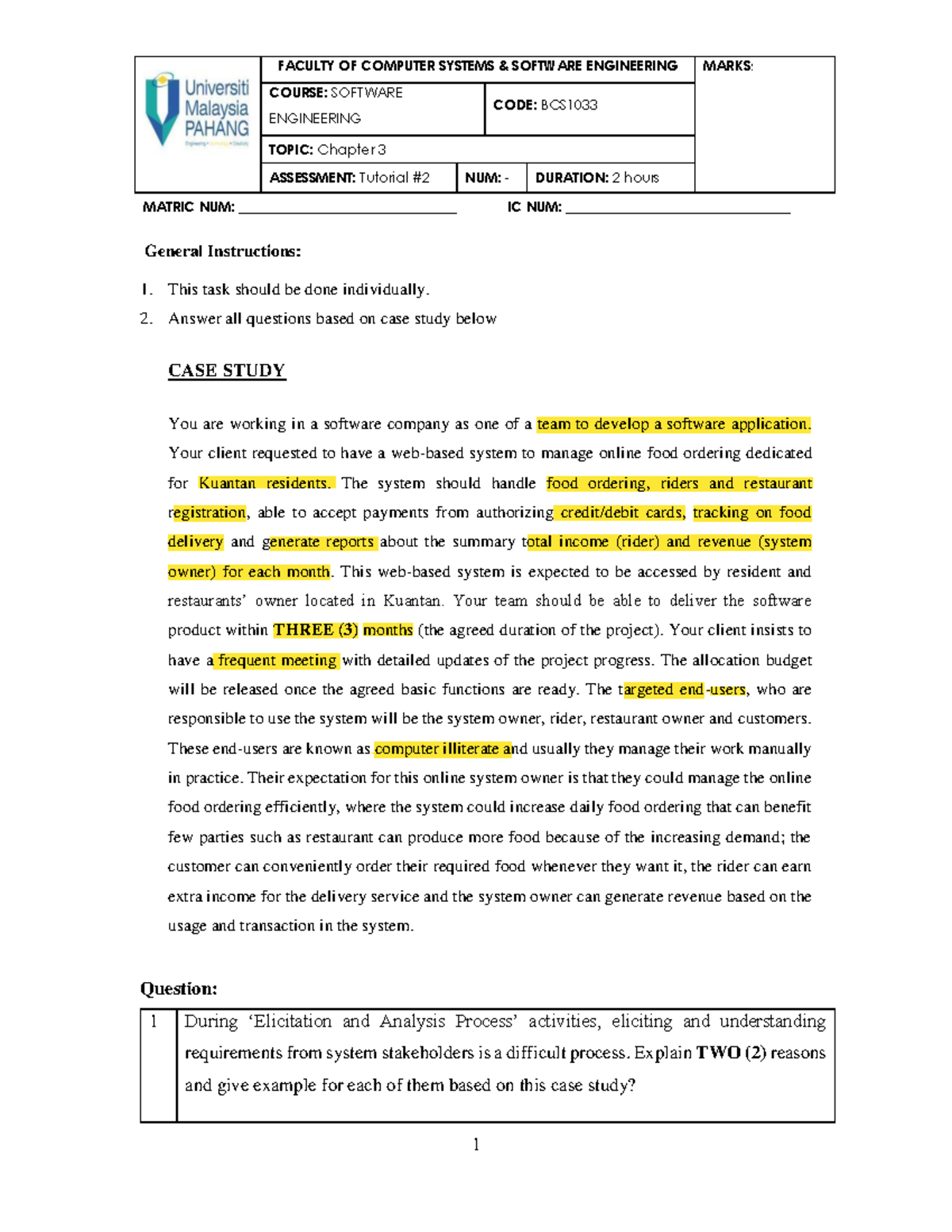 Tutorial Question Chap 3 Sem 1 20222023 - FACULTY OF COMPUTER SYSTEMS ...