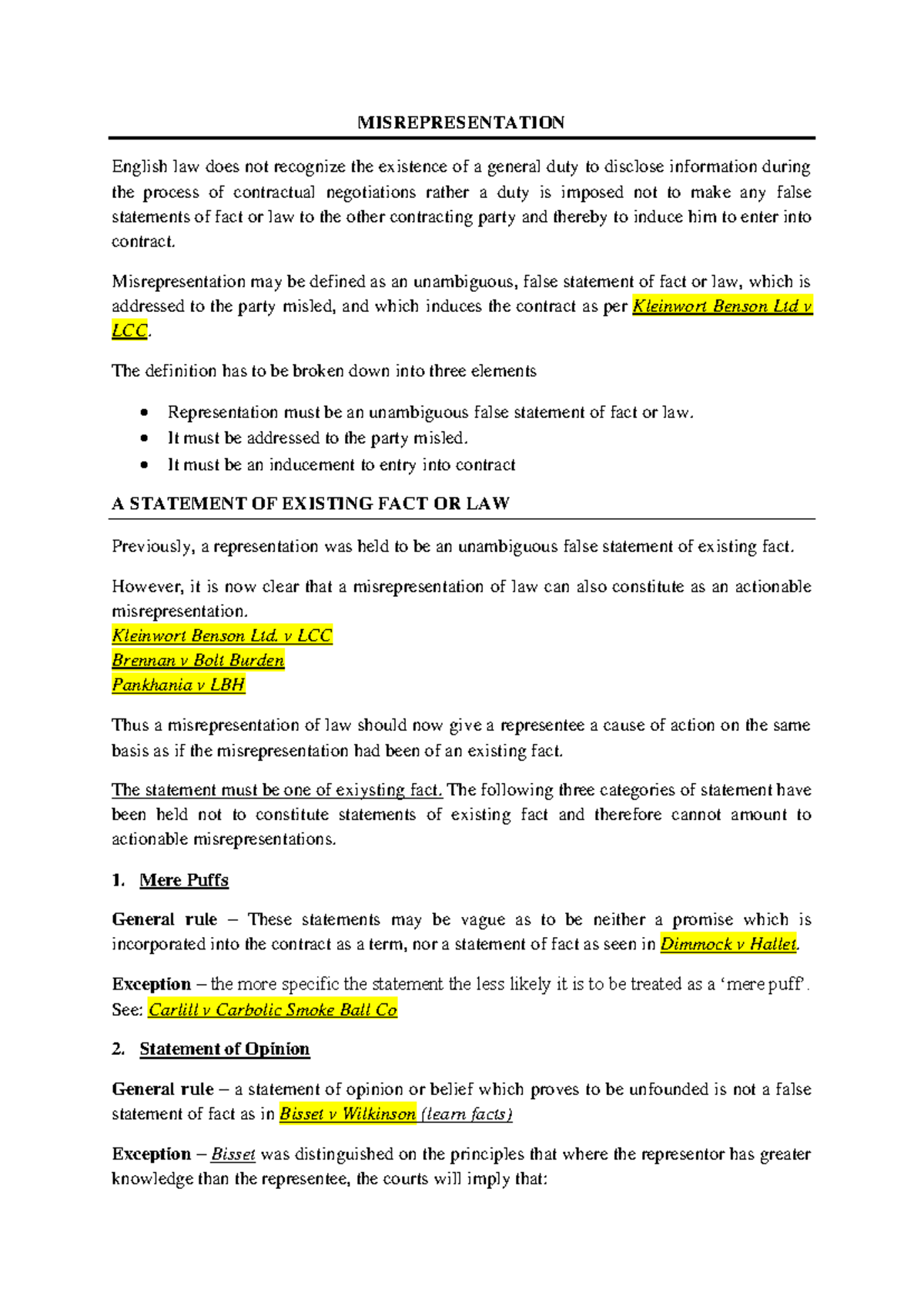 Misrepresentation notes teacher - MISREPRESENTATION English law does ...