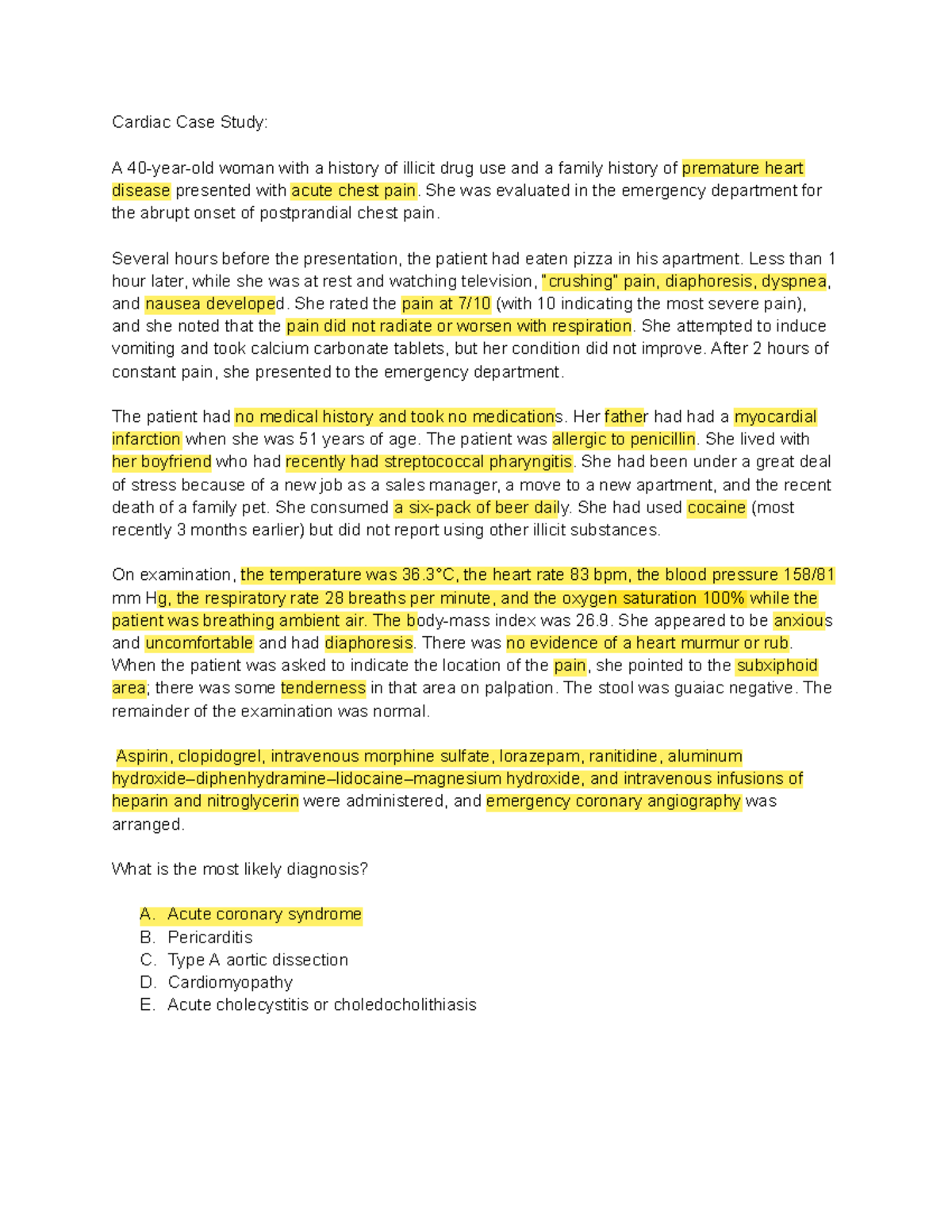 Cardiac Case Study - She was evaluated in the emergency department for ...