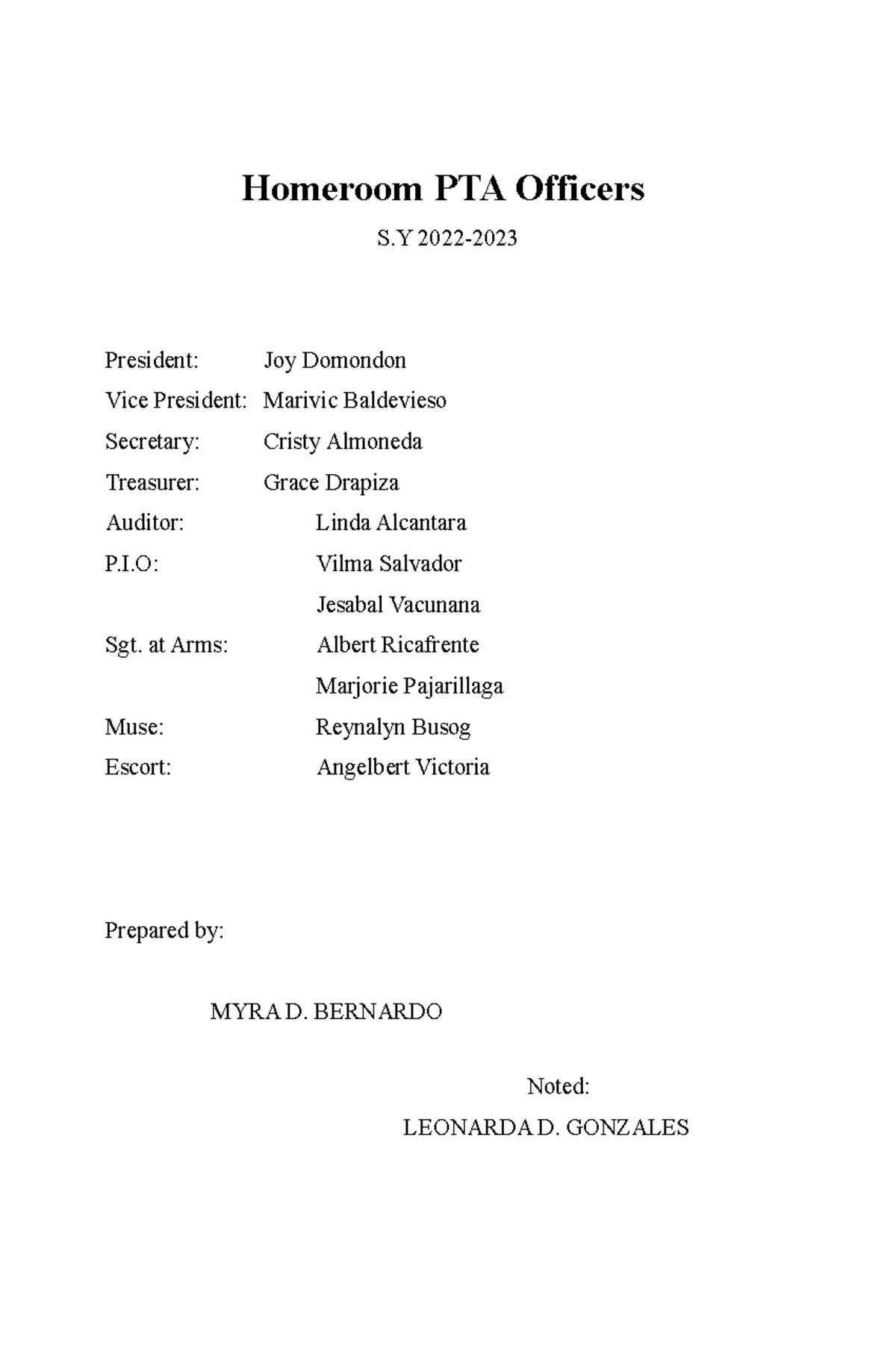 PTA Officer - fffffffff - Homeroom PTA Officers S 2022- President: Joy ...