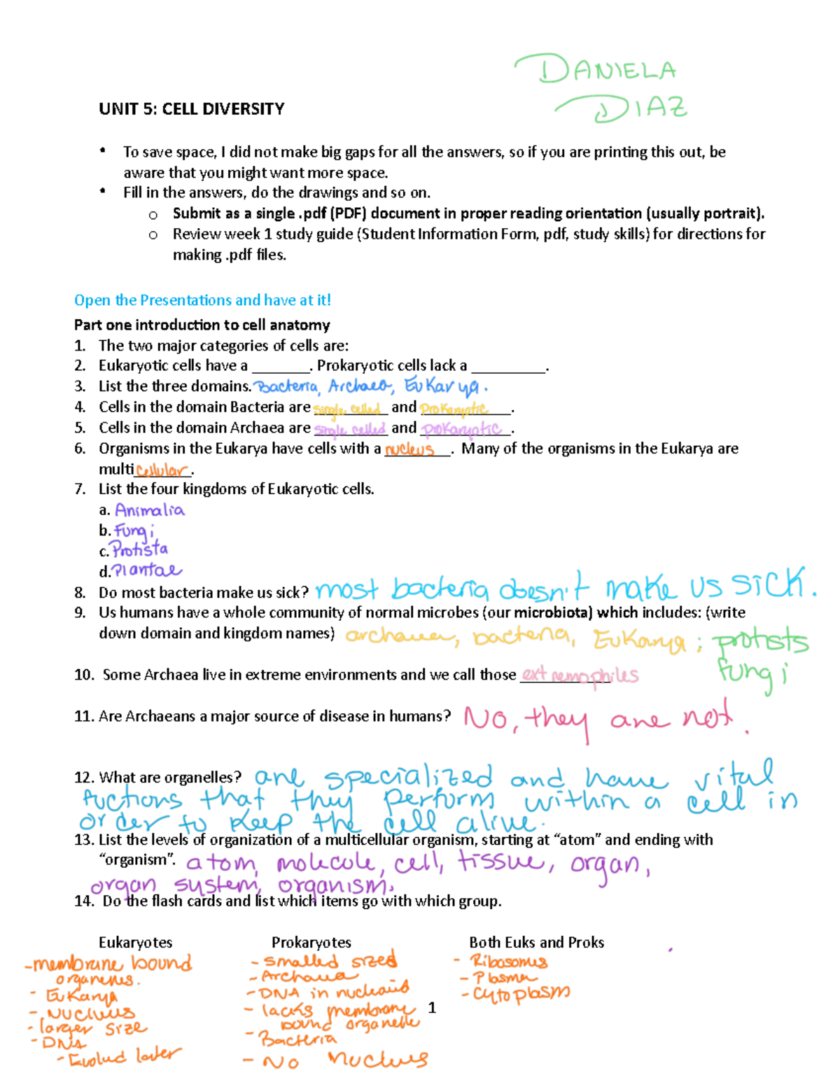Bio 1140L Unit 5 Study Guide Daniela Diaz - UNIT 5: CELL DIVERSITY To ...