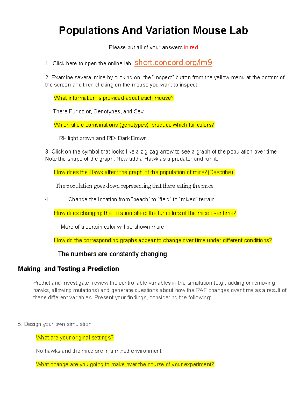 Copy of Populations And Variation Lab - Populations And Variation Mouse ...