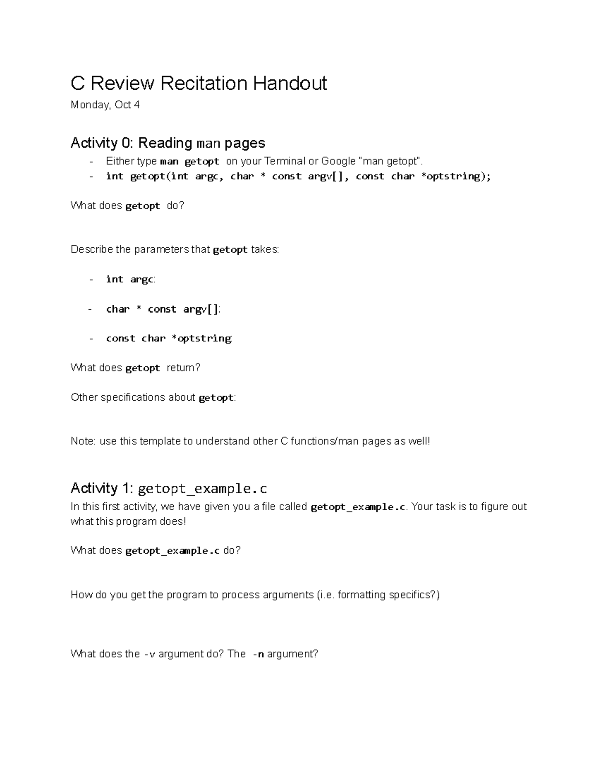 Recitation 06 handout - C Review Recitation Handout Monday, Oct 4 ...