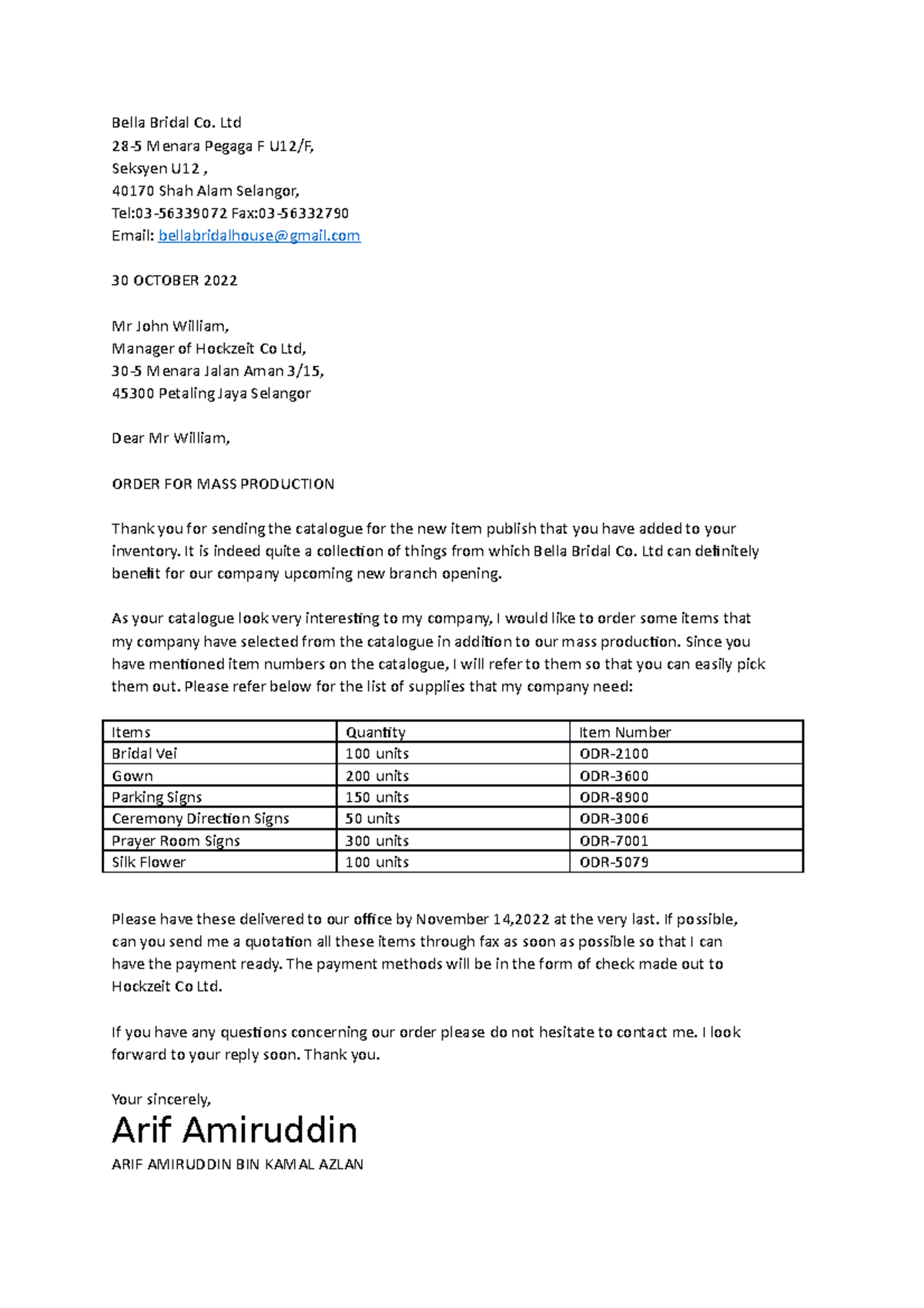 EXAMPLE OF PROCUREMENT LETTER - Bella Bridal Co. Ltd 28-5 Menara Pegaga ...
