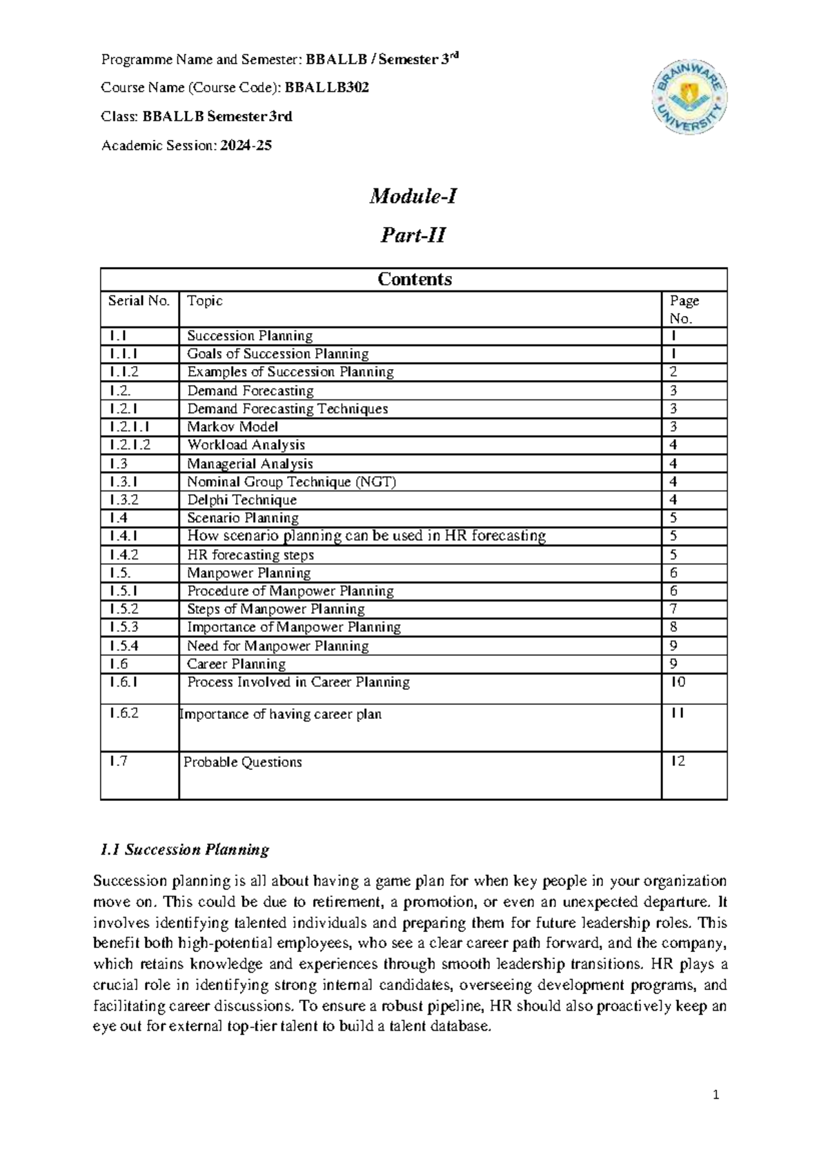 Module-I Part-II Human Resource Management & Planning - Course Name ...