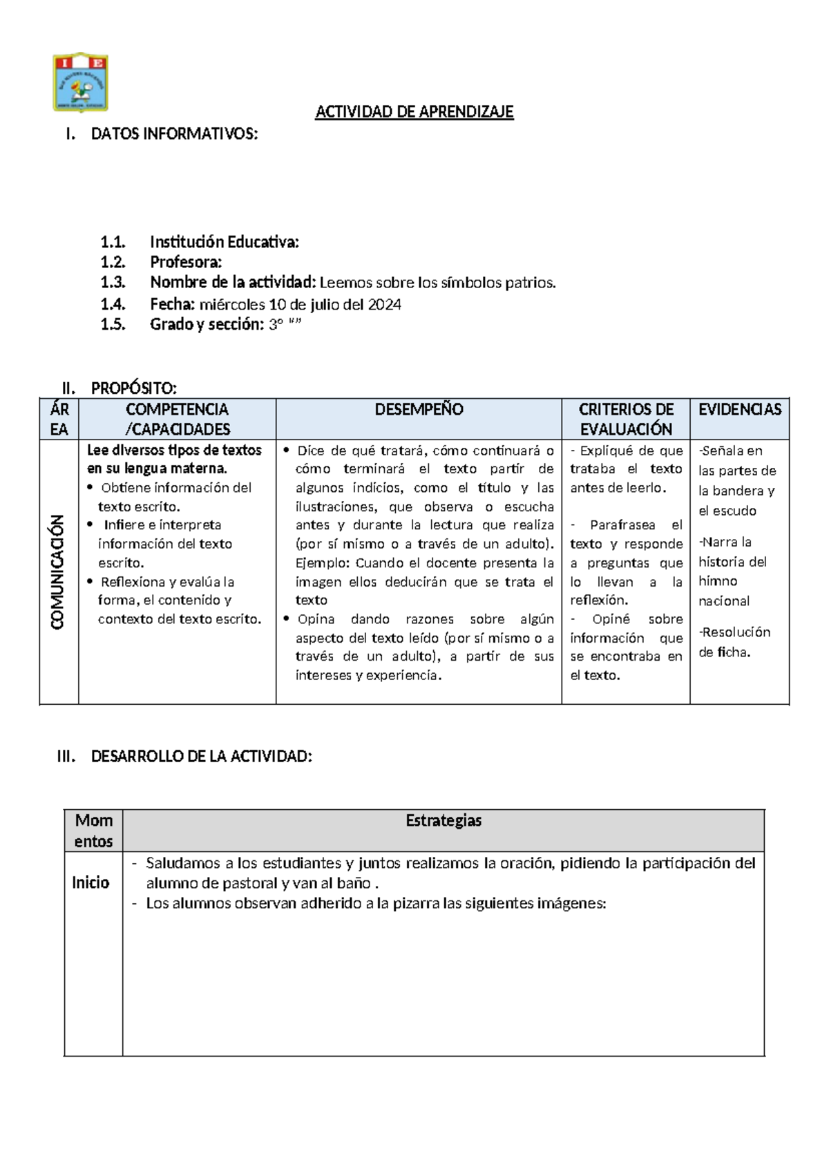 Sesion de lectura de los simbolos patrios - ACTIVIDAD DE APRENDIZAJE I ...