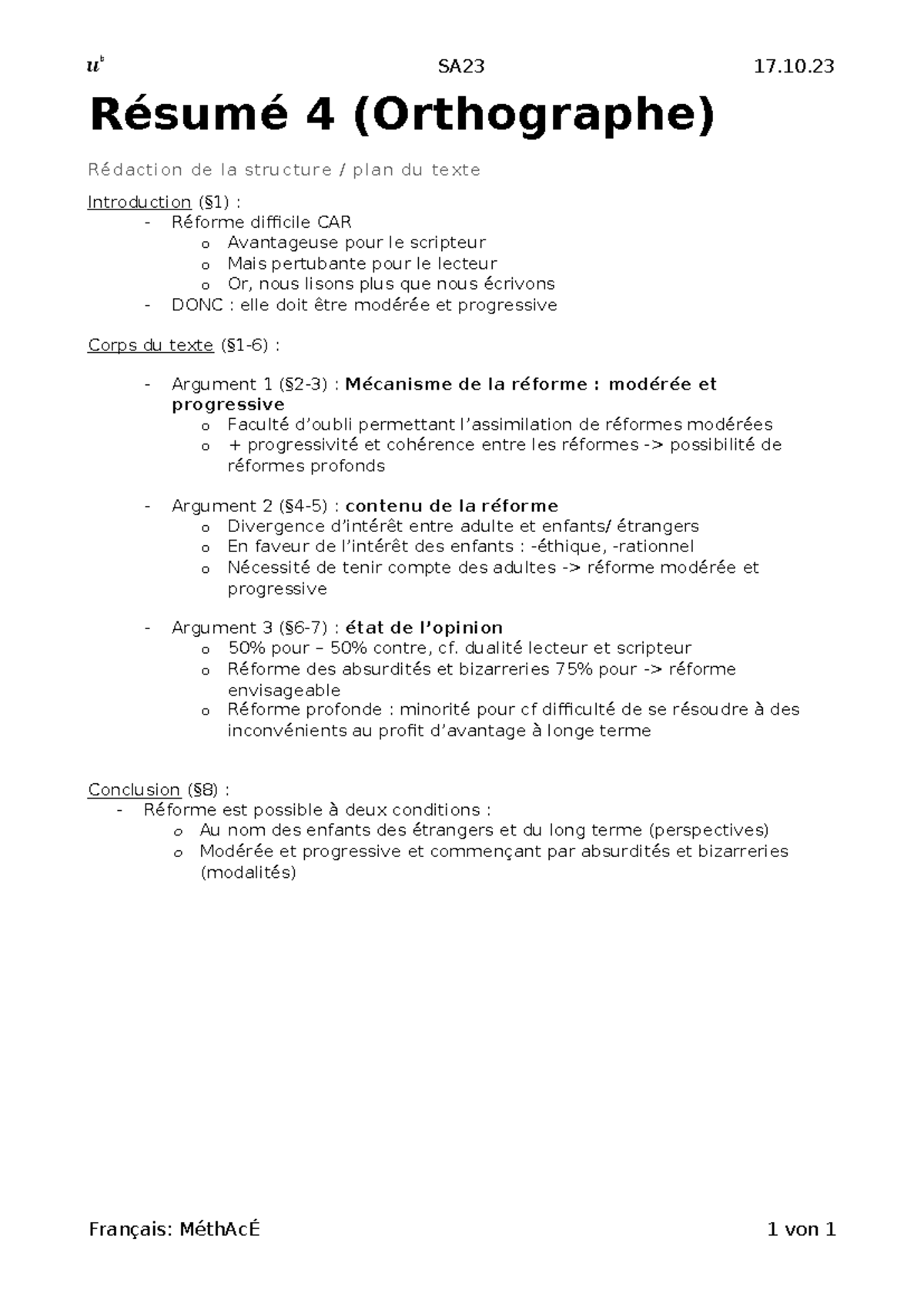 Plan Du Texte (Orthographie) - SA23 17. Résumé 4 (Orthographe ...
