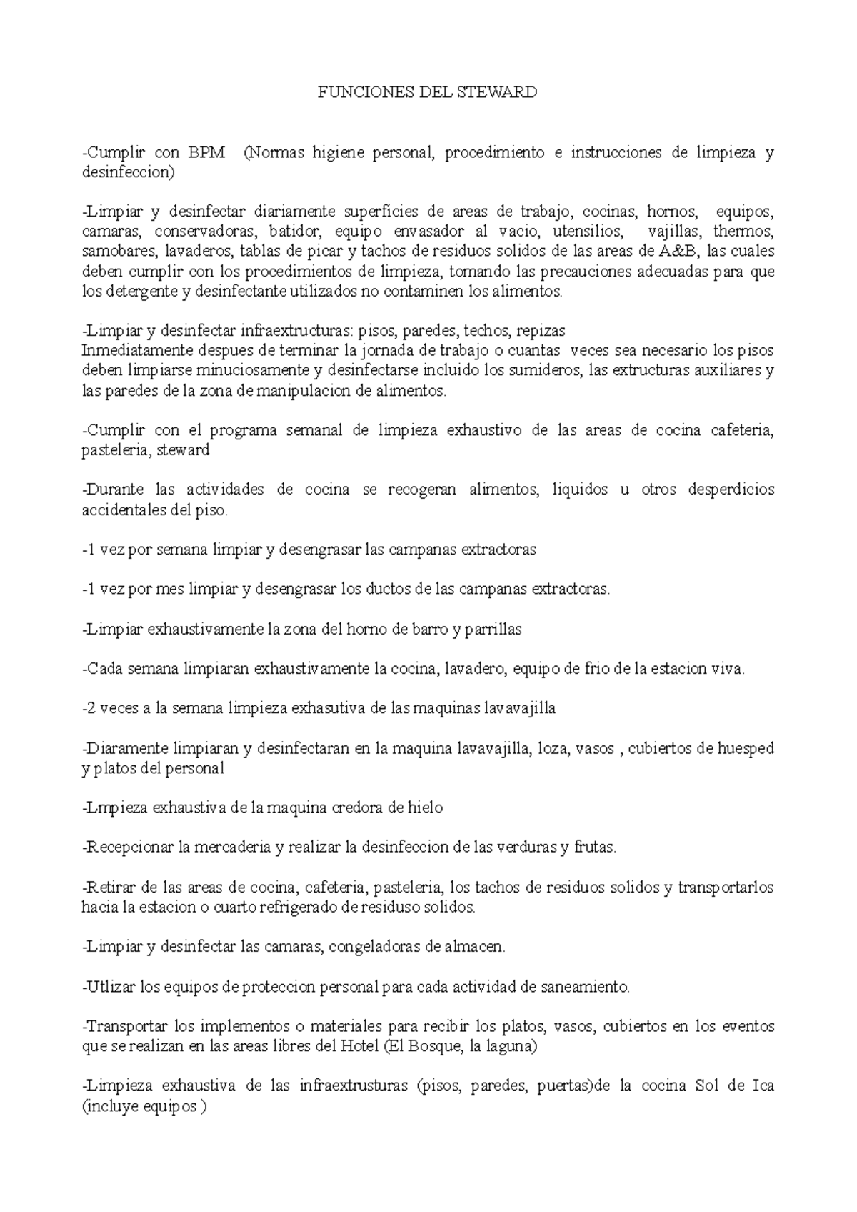 Funciones del steward - FUNCIONES DEL STEWARD -Cumplir con BPM (Normas ...