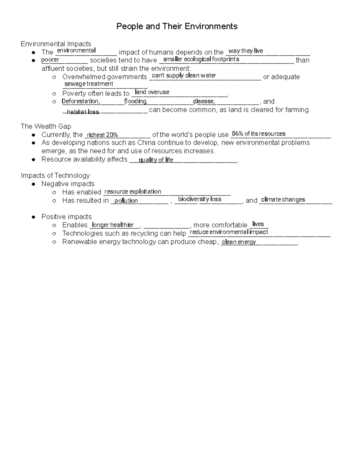 Human Population Guided Notes - People and Their Environments ...