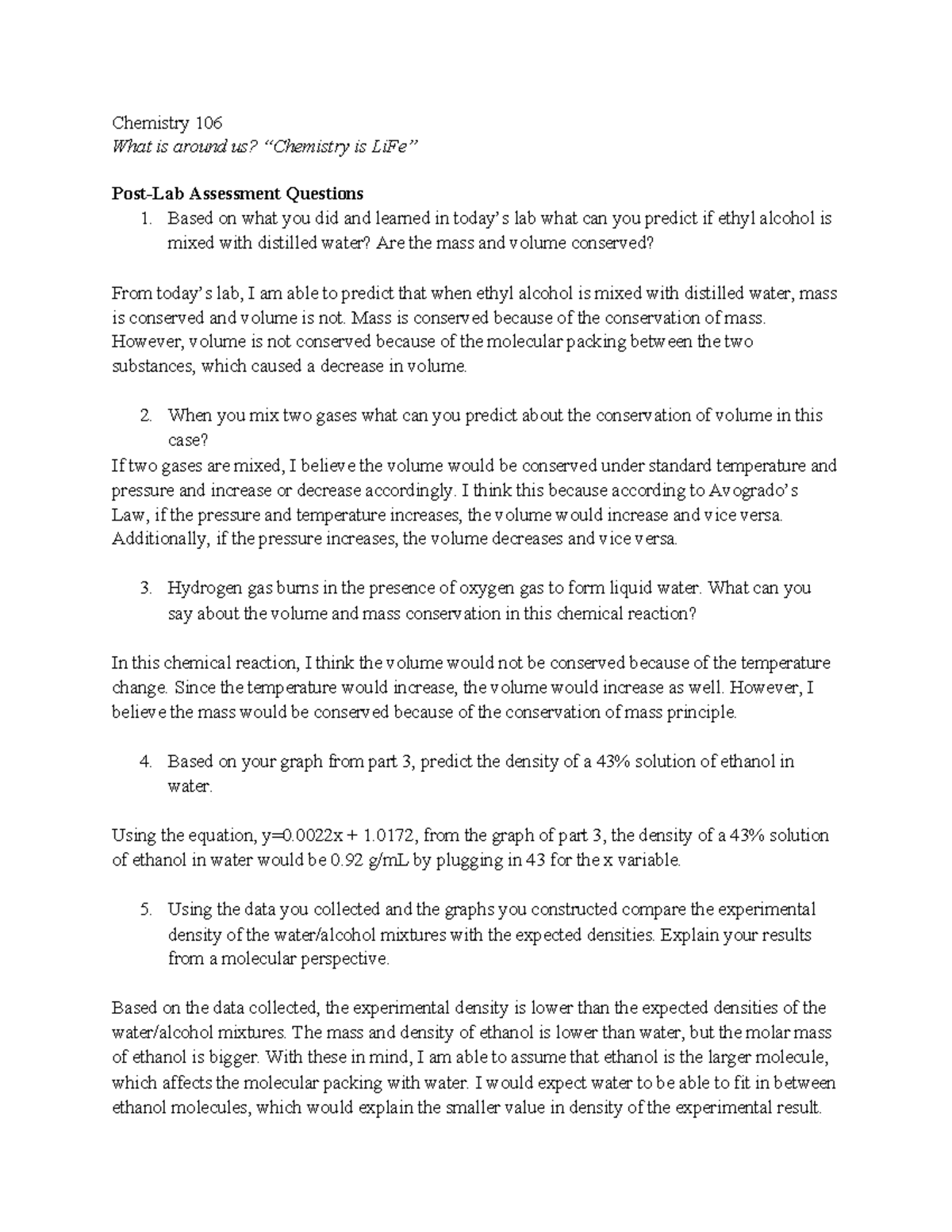 Lab 1 Post Lab Questions Chemistry 106 What Is Around Us “chemistry Is Life” Post Lab