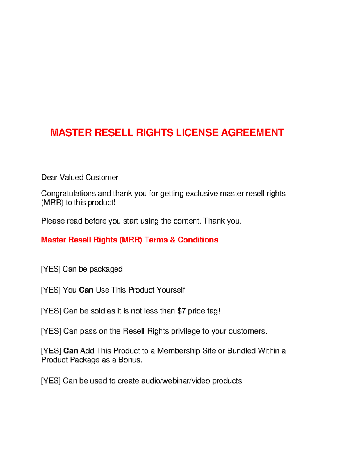 License - MASTER RESELL RIGHTS LICENSE AGREEMENT Dear Valued Customer ...