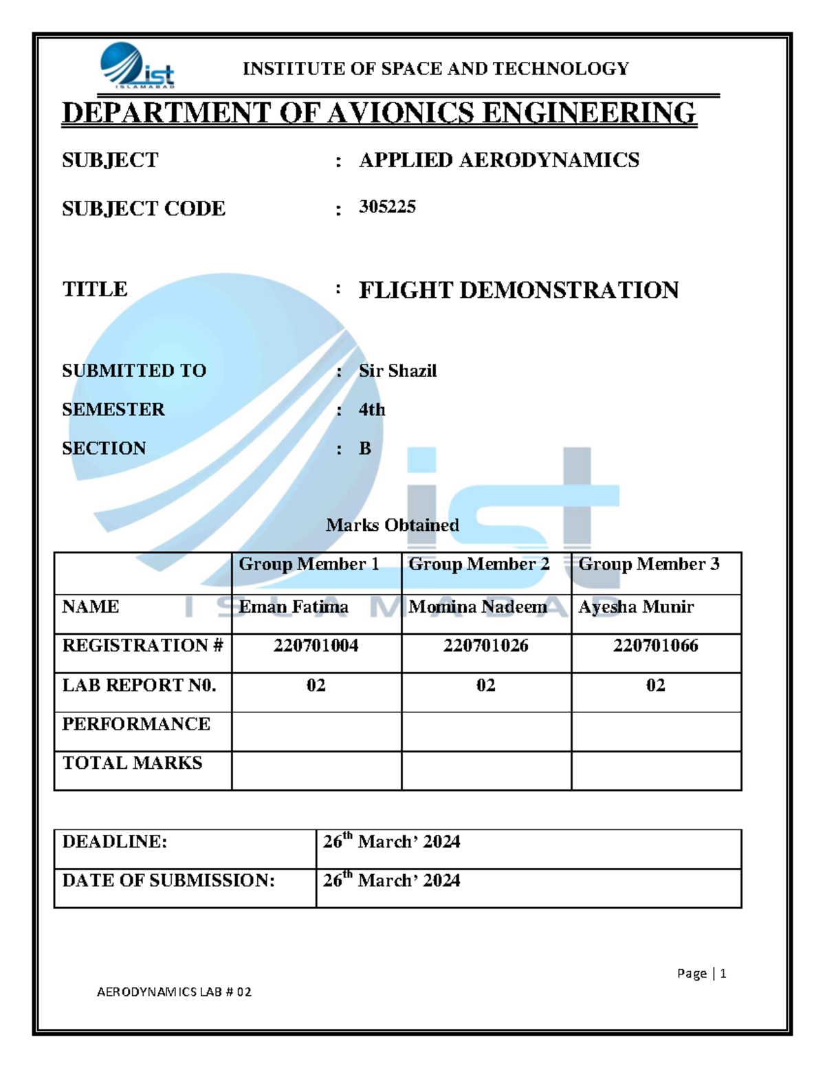 Lab#02 aerodynamics - FLIGHT DEMONSTRATION OF PLANE - Page | 1 DEPARTMENT OF AVIONICS ...
