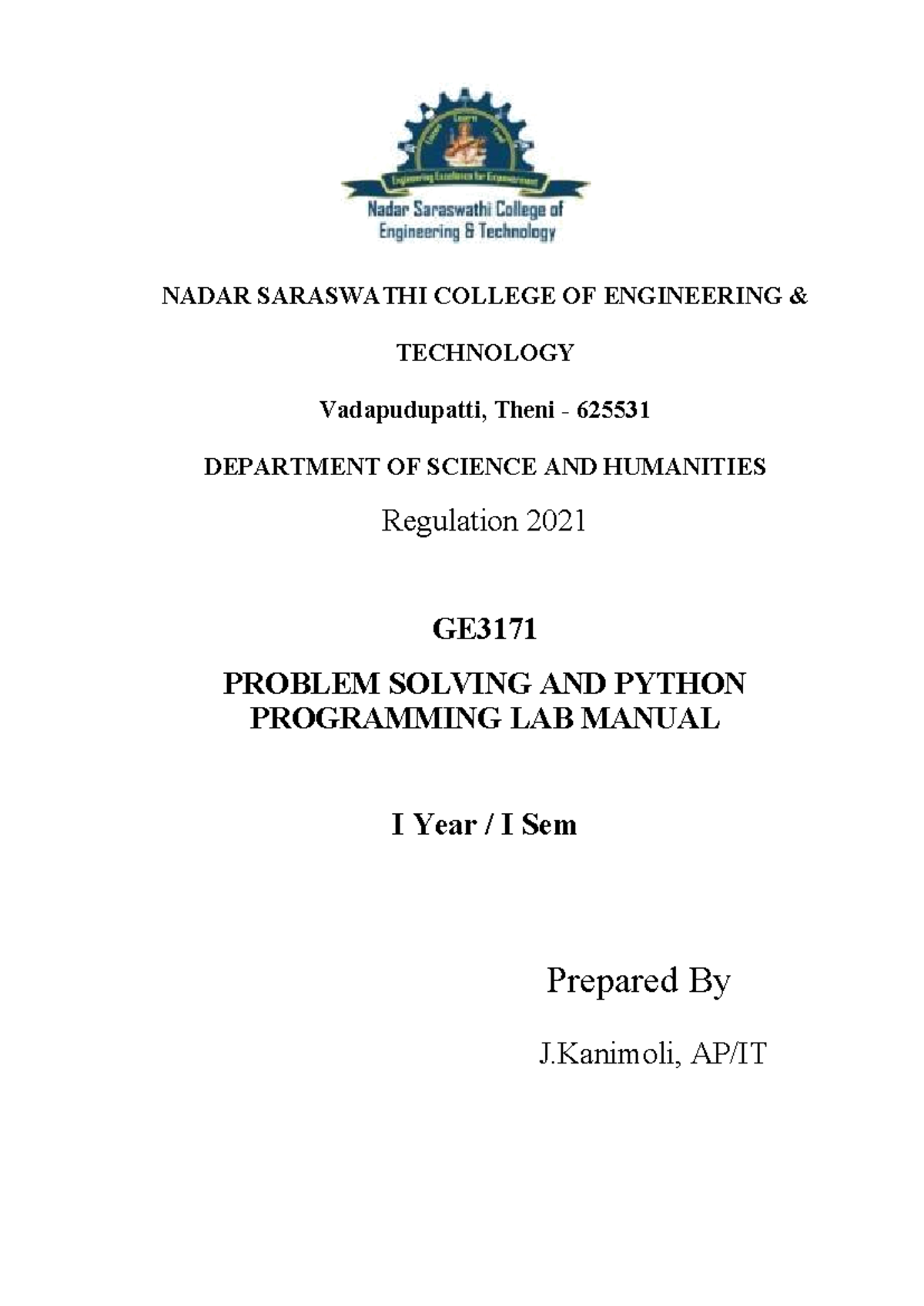 PSPP lab manual - NADAR SARASWATHI COLLEGE OF ENGINEERING & TECHNOLOGY ...