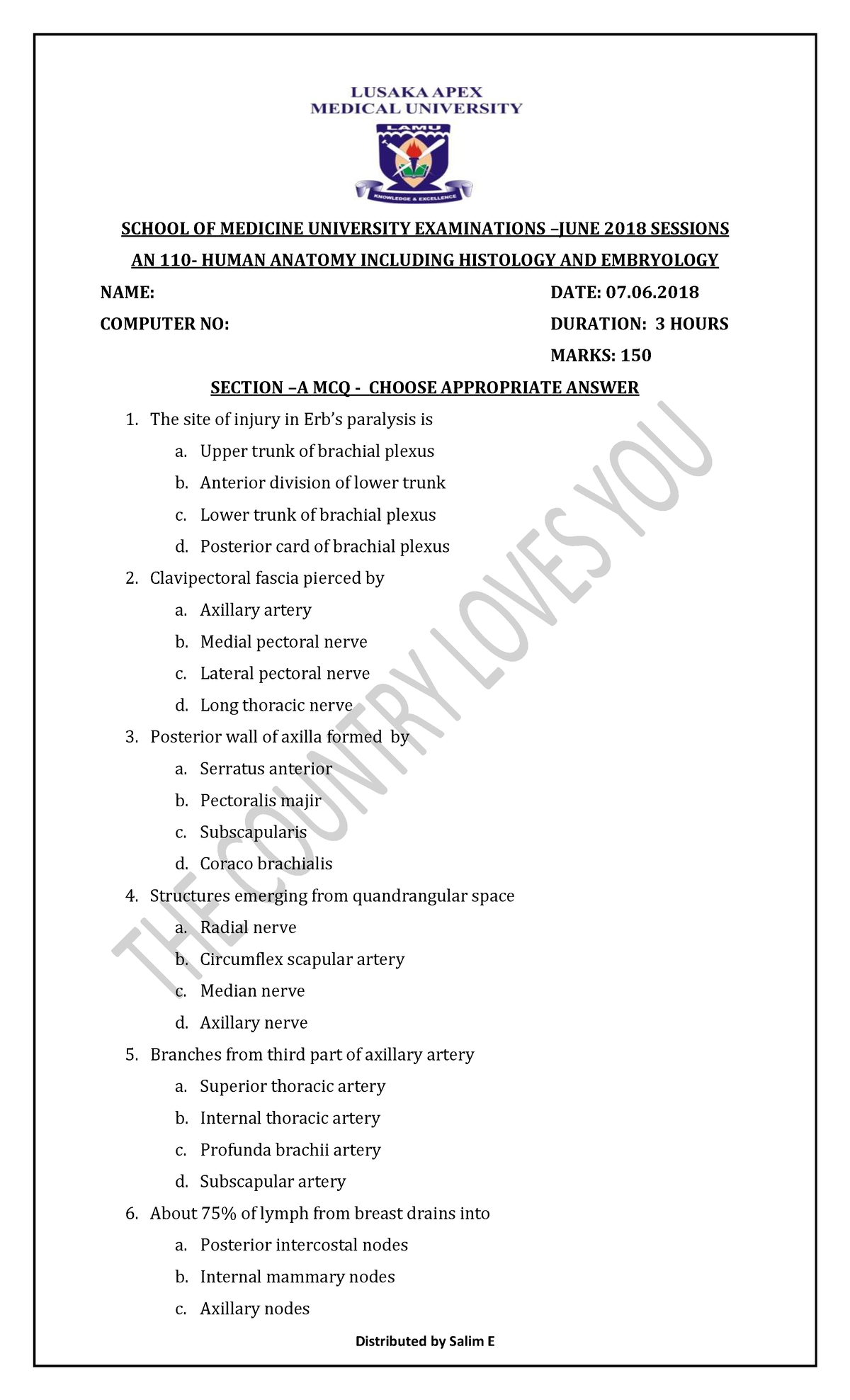 AN 110 Question Paper - Anatomy for Bsc students - SCHOOL OF MEDICINE ...