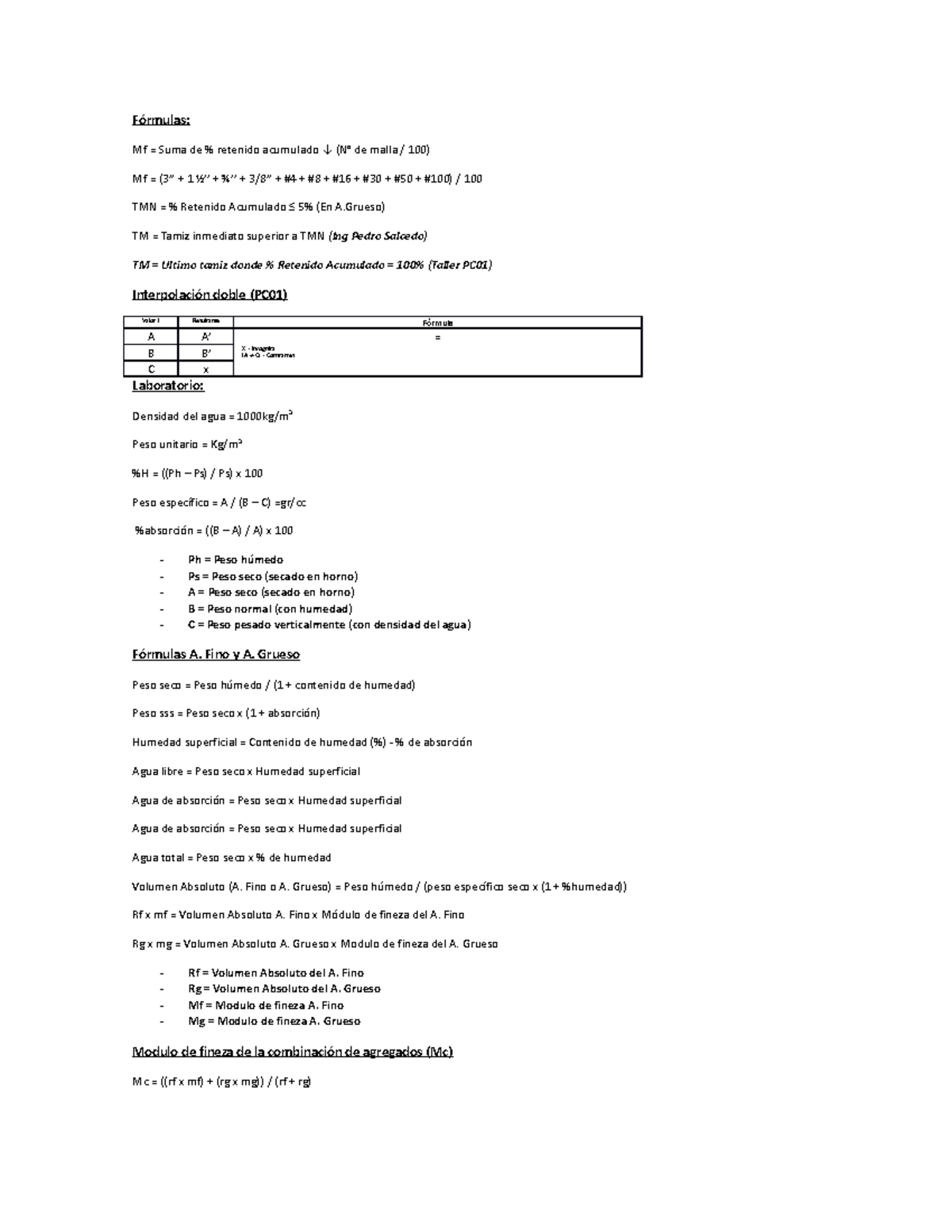 Fórmulas PC01 - Formulas para la pc1 - Fórmulas: Mf = Suma de % retenido acumulado ↓ (N° de ...