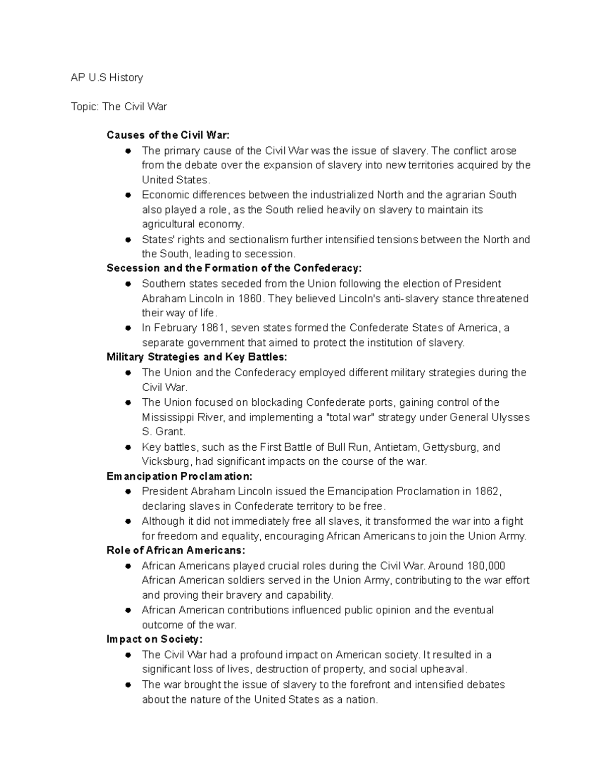 AP U.S History - The Civil War - AP U History Topic: The Civil War ...
