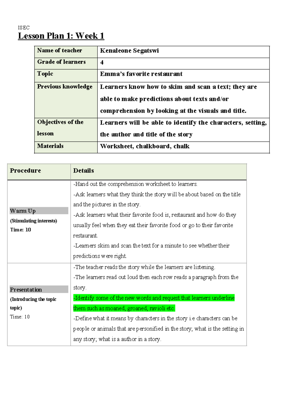 Lesson 1 Week 1 - ISEC Lesson Plan 1: Week 1 Name of teacher Kenaleone ...